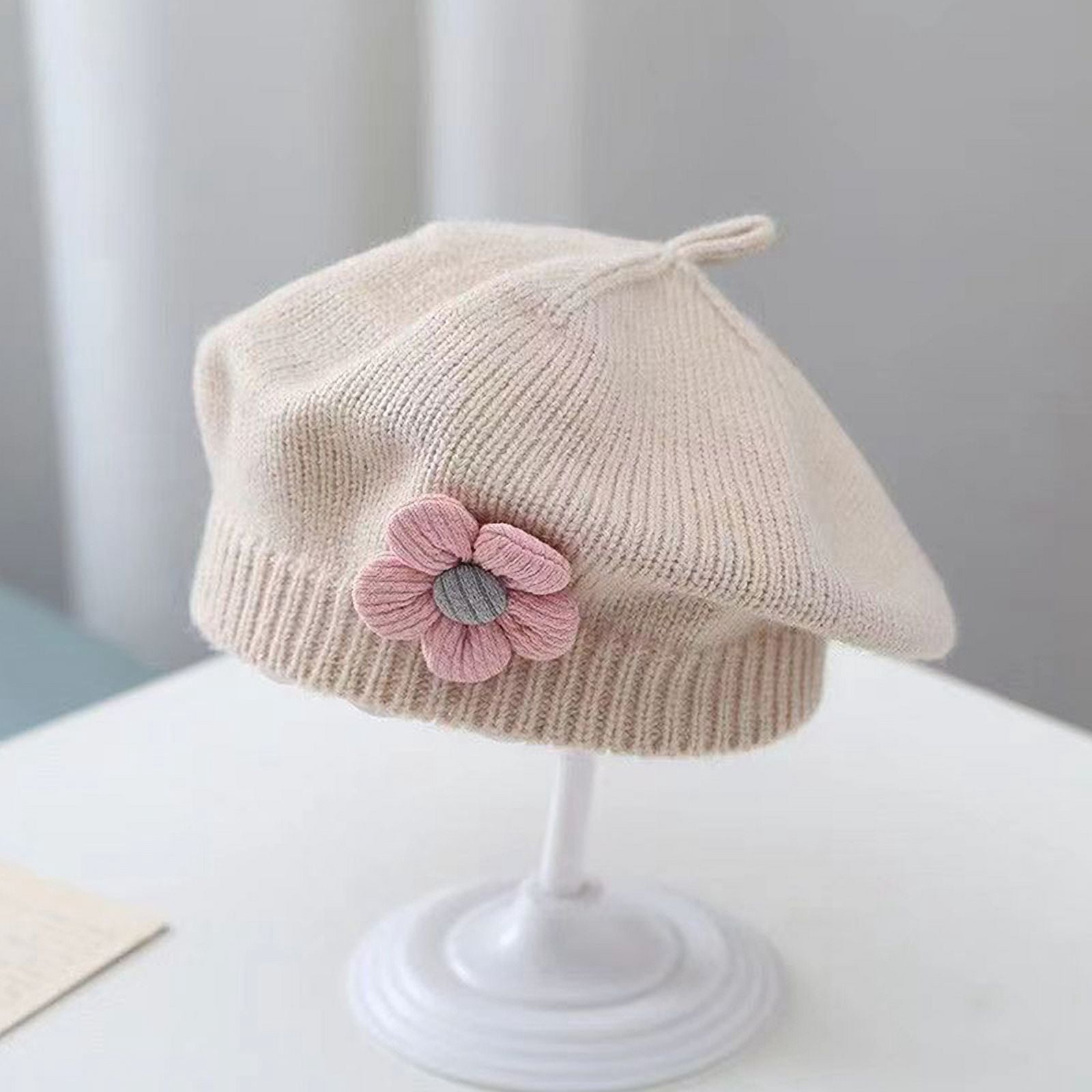 Flower Baby Beret Hat Solid Color Winter Warm Knitted Beanie Cap For ...