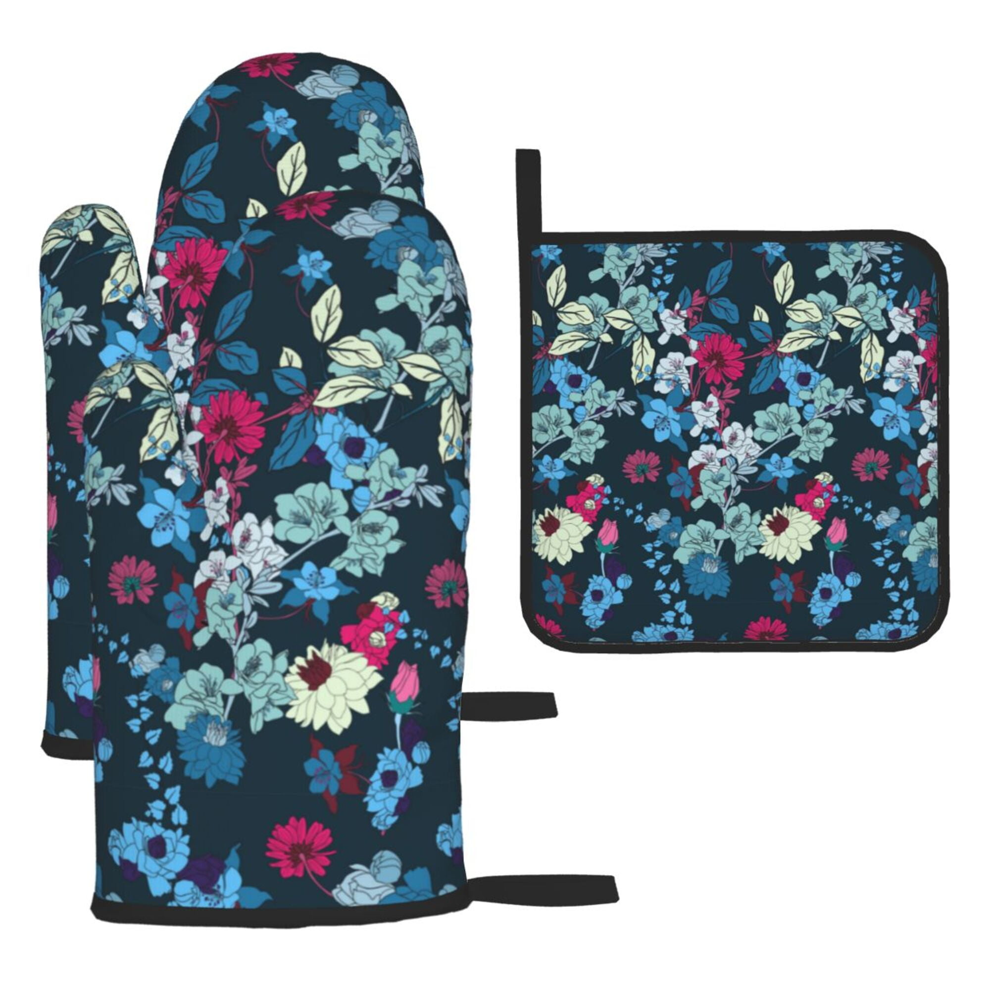 Flower Background (32) Oven Gloves, Pot Clamp Set, Non slip and Heat ...