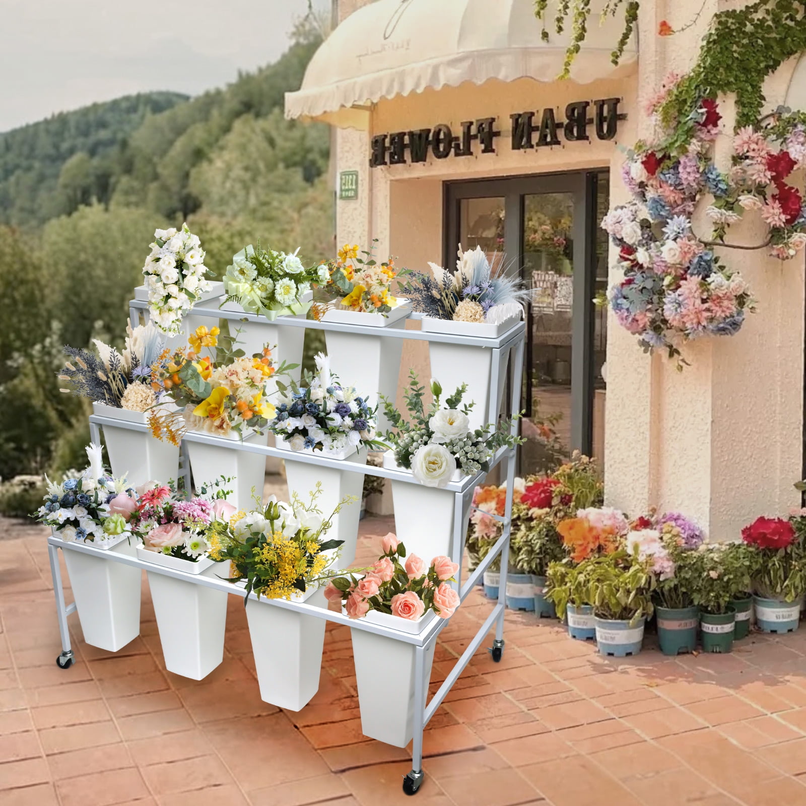 Flower Bar Stand with Buckets, 3 - Tier Metal Flower Display Stand ...