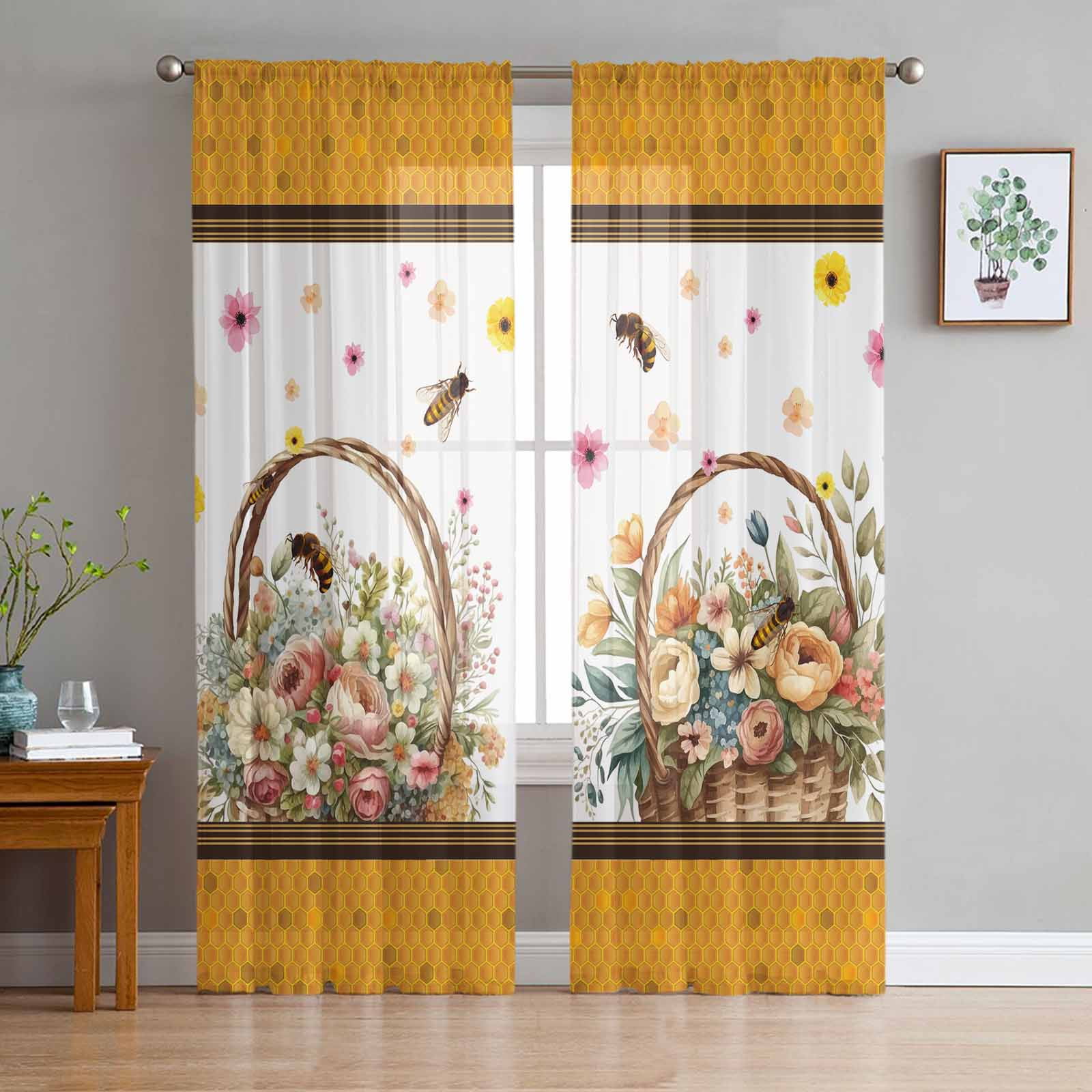Flower Basket Bee Watercolor Hycomb Sheer Curtains for Kids Bedroom ...