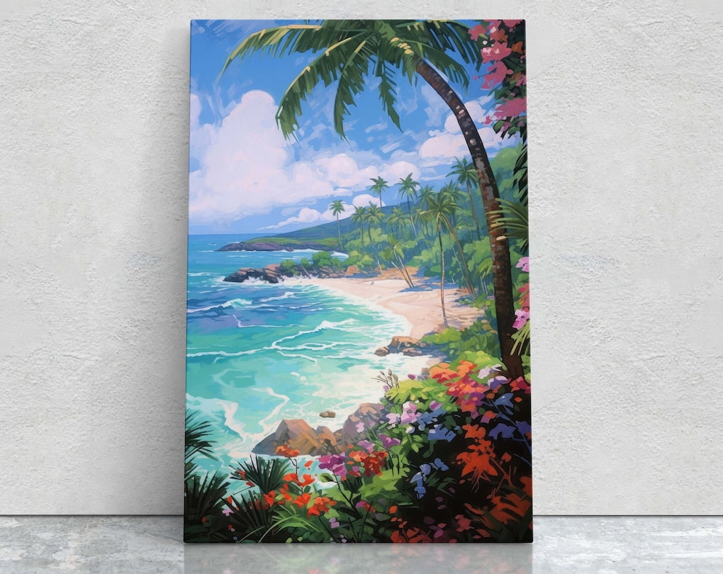 Flower Beach On , Coastal Painting, Palm Tree, Tropical Island, Framed , Palm Coast, Green Water ...