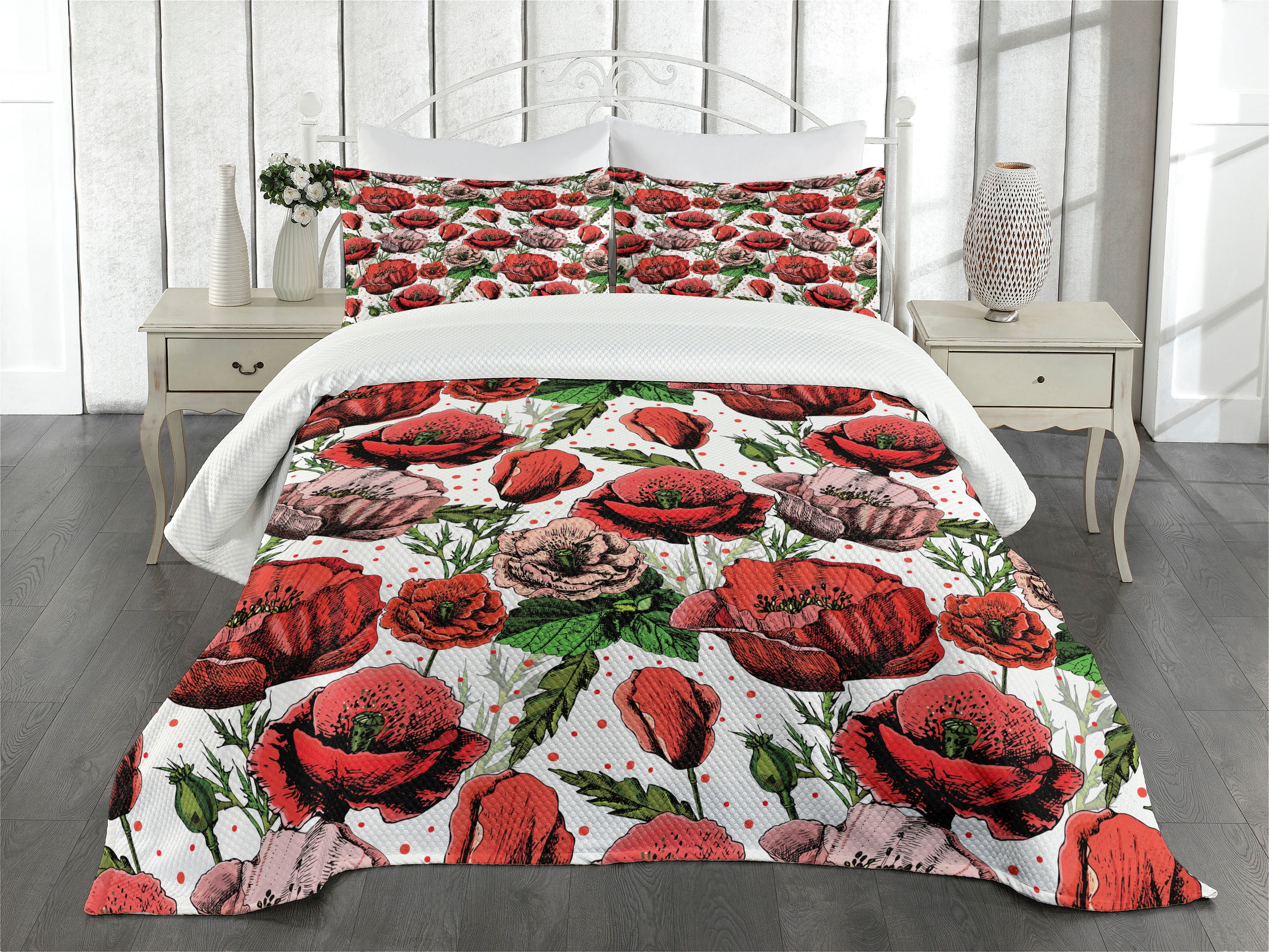 Flower Bedspread, Pattern with Colorful Poppy Flowers Polkadot ...