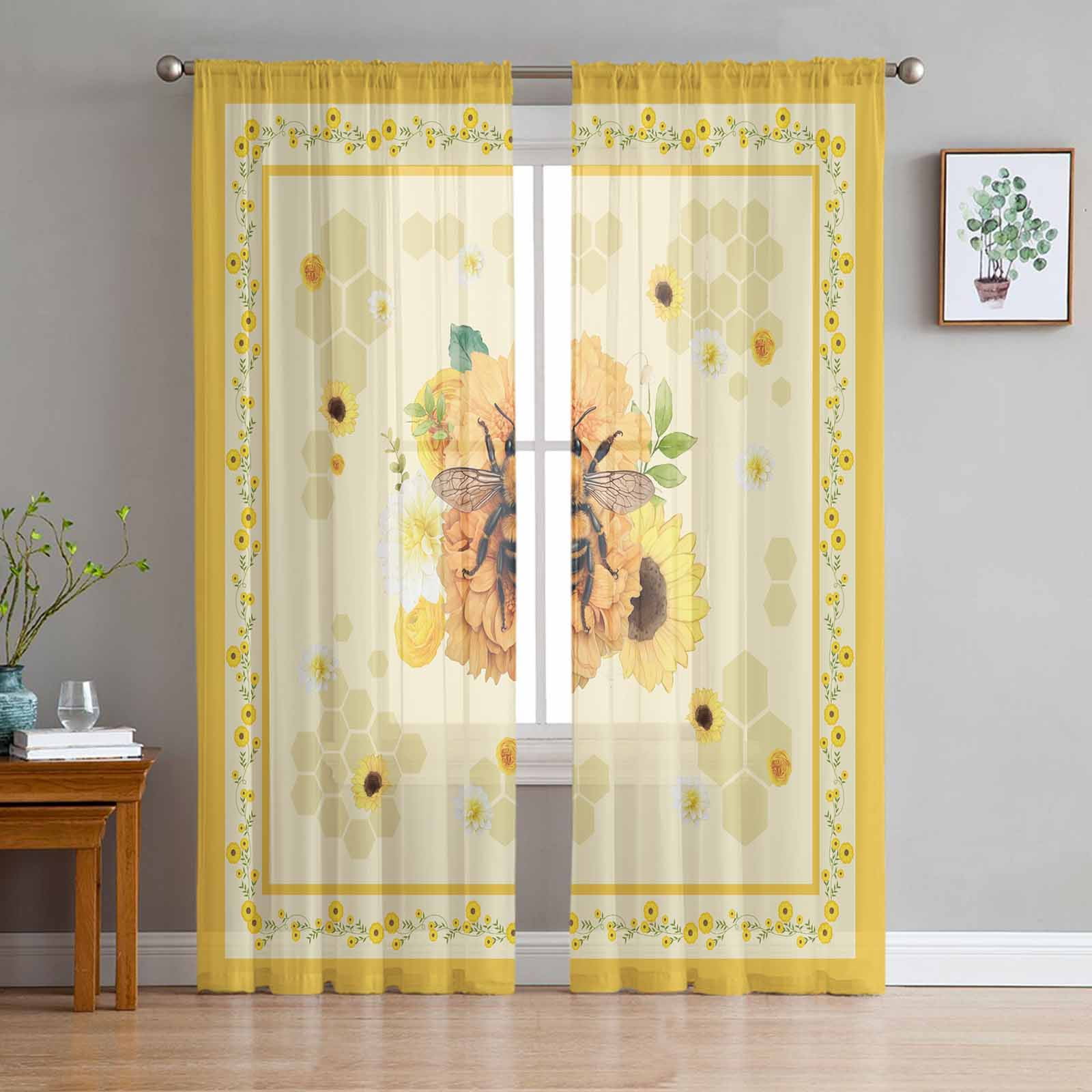 Flower Bee Animal Hive Yellow Sheer Curtains for Living Room ration ...