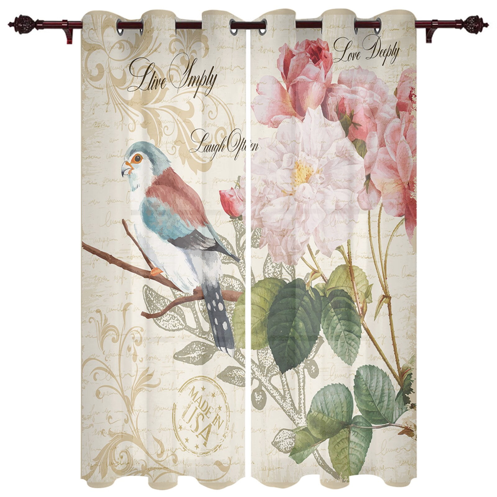 Flower Bird Butterfly Retro Valance Window Curtains For Living Room ...