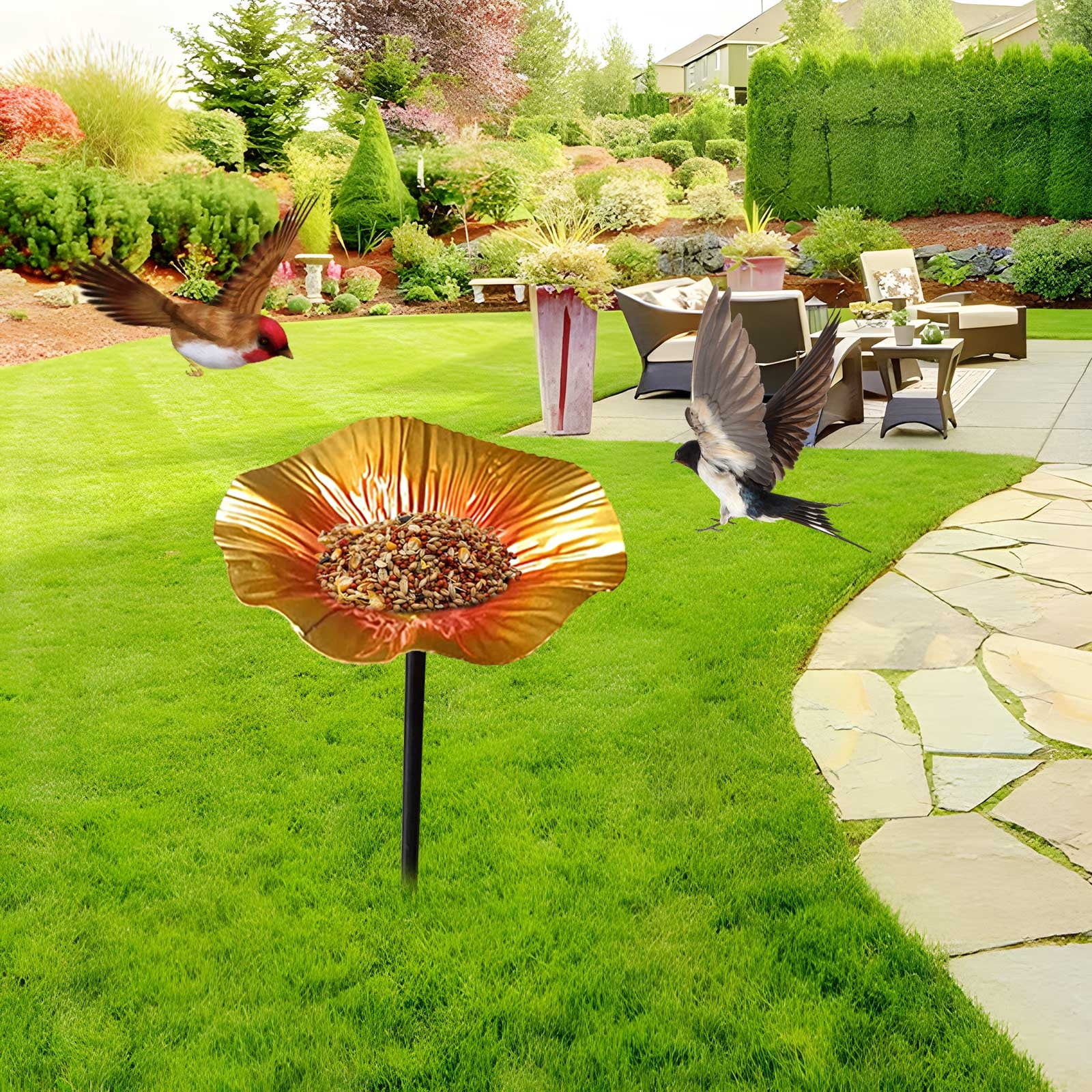 Flower Bird Feeder Stakes, Metal Bird Baths for Outdoors Garden Bird ...