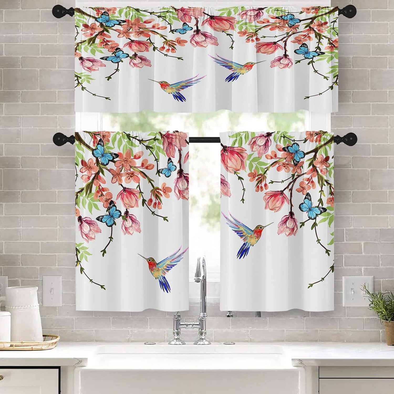 Flower Bird Kitchen Curtains Spring Butterfly Window Curtains Valance ...