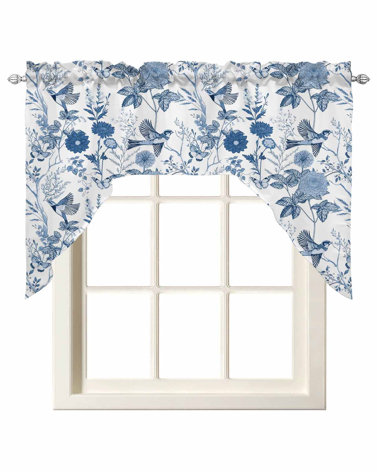 Flower Bird Kitchen Swag Valances for Windows, Vintage Blue Garden ...