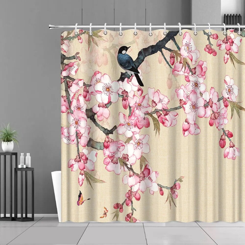 Flower Bird Shower Curtain Yellow Floral Branch Asian Oriental Style ...