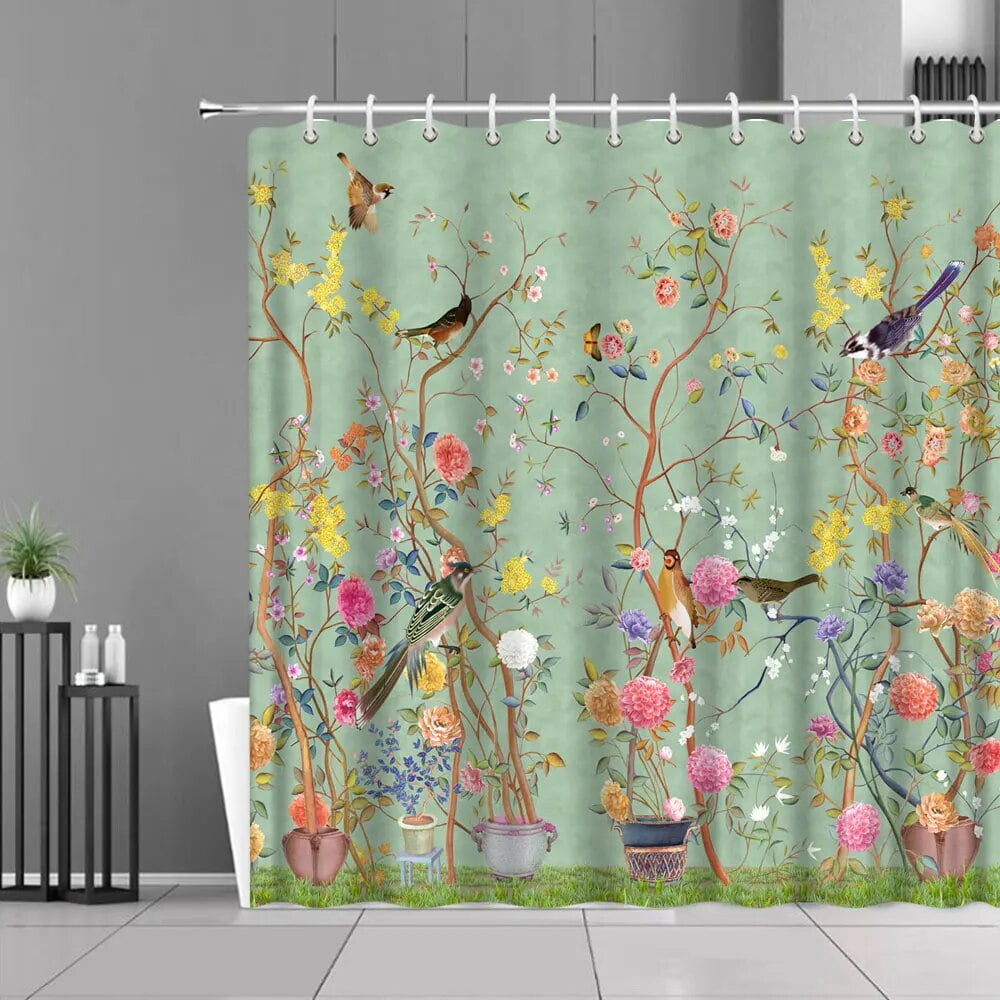 Flower Bird Shower Curtain Yellow Floral Branch Asian Oriental Style ...