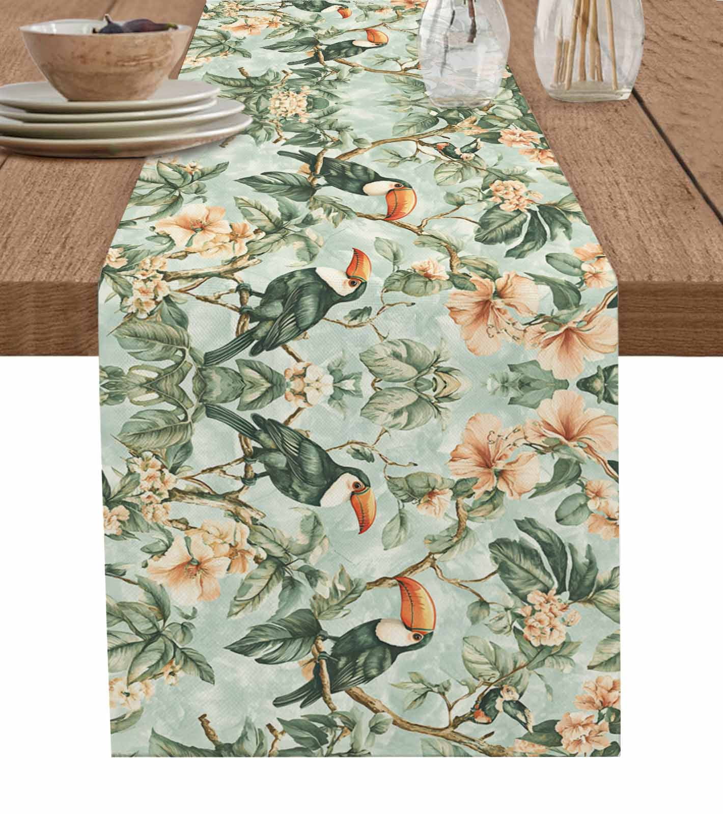 Flower Bird Table Runner 36 Inches, Pink Flower Green Palm Leaves ...