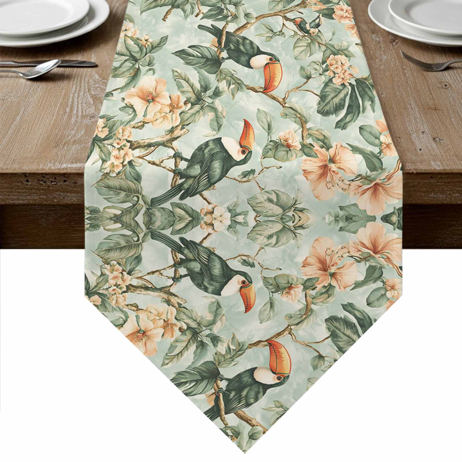 Flower Bird Table Runner Linen Burlap Table Runner 72 Inches Long Pink ...