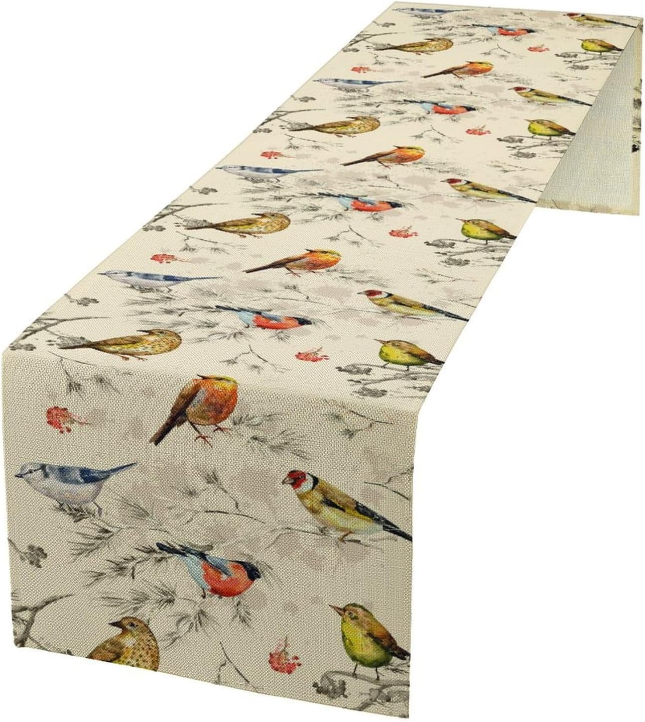 Flower Birds Table Runner Nature Themed Winter Birds on Branches ...