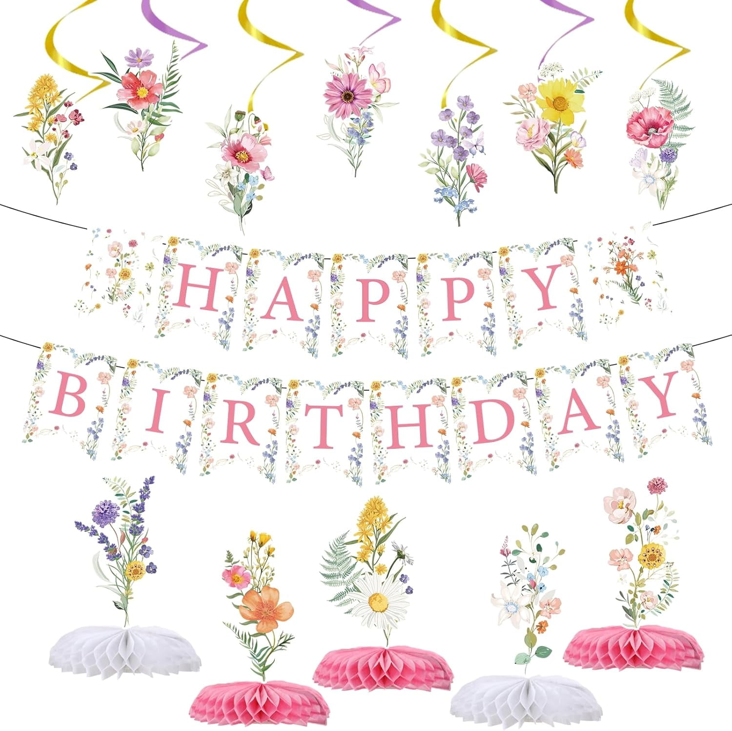 Flower Birthday Decorations for Girls Women, 14PCS Wildflower Happy ...