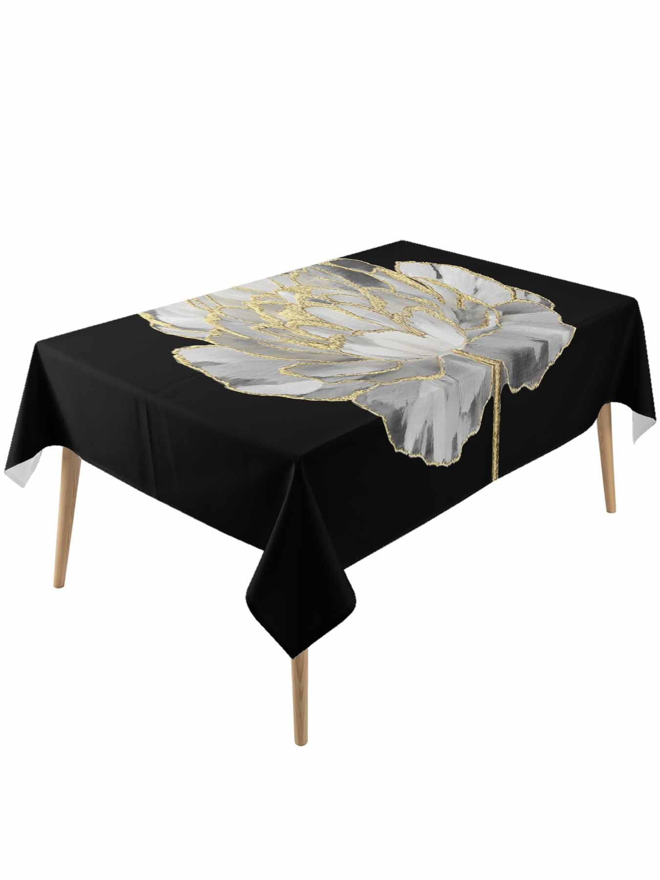 Flower Black Table Cloth, Gold White Abstract Floral Aesthetic ...
