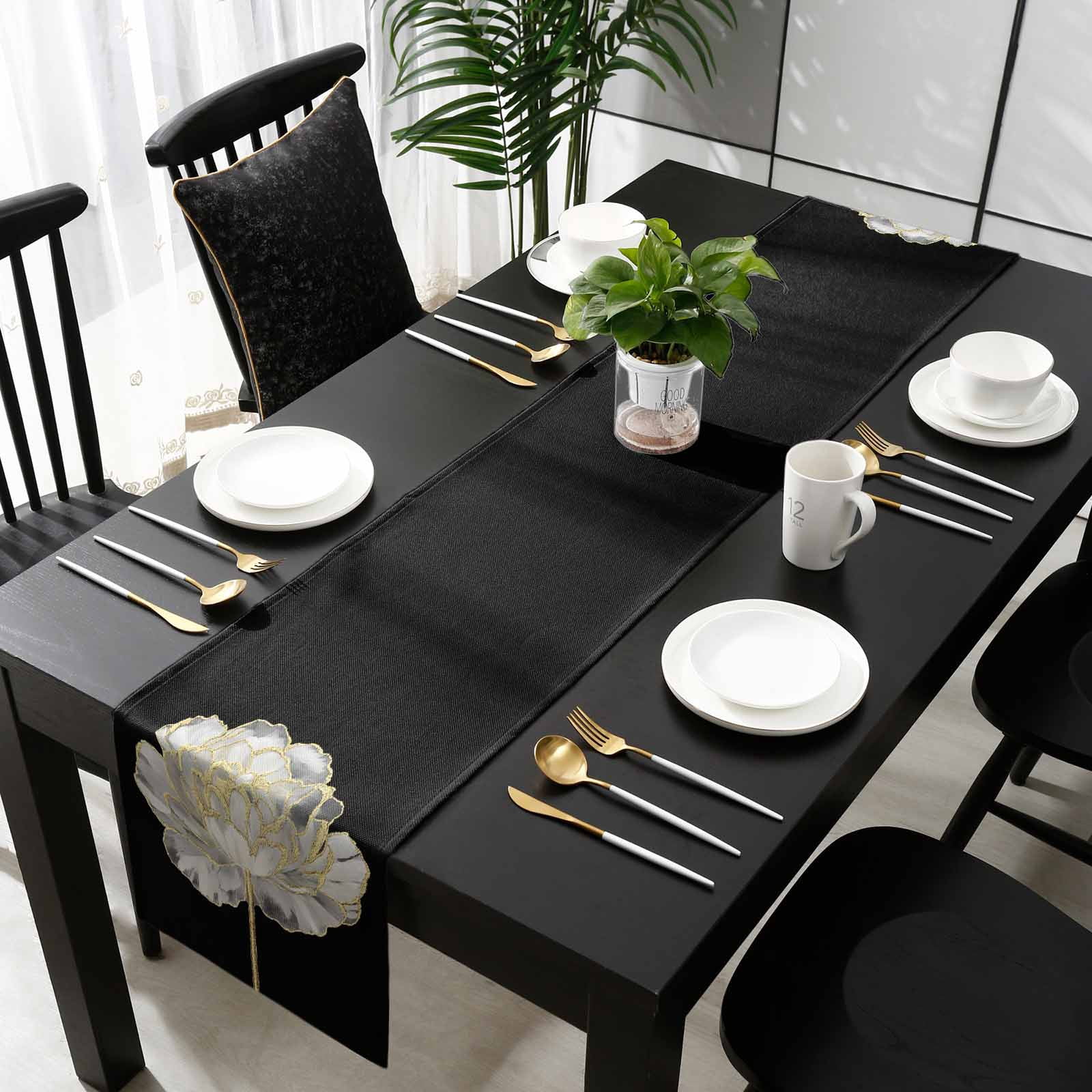 Flower Black Table Runner 48 Inches Long - Gold White Abstract Floral ...