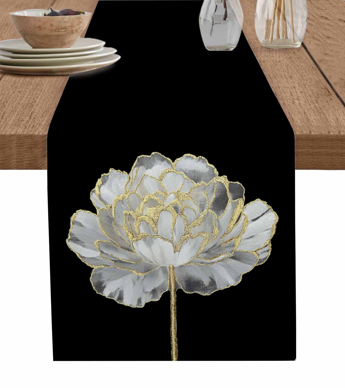 Flower Black Table Runner 72 Inches, Gold White Abstract Floral ...