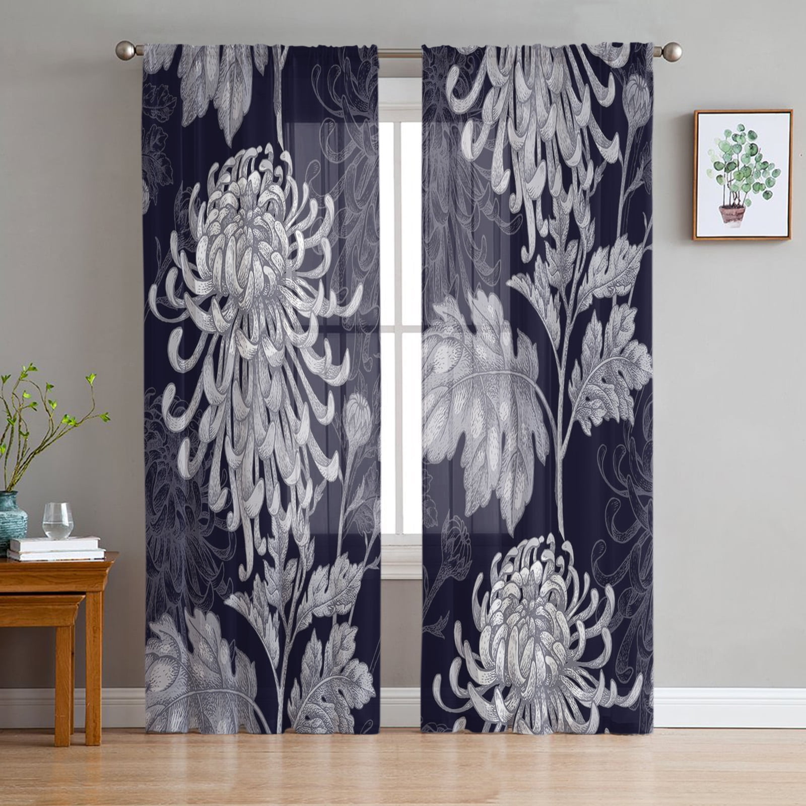 Flower Black White Leaves Sheer Curtain for Living Room Bedroom Voile Drape Kitchen Window Tulle ...