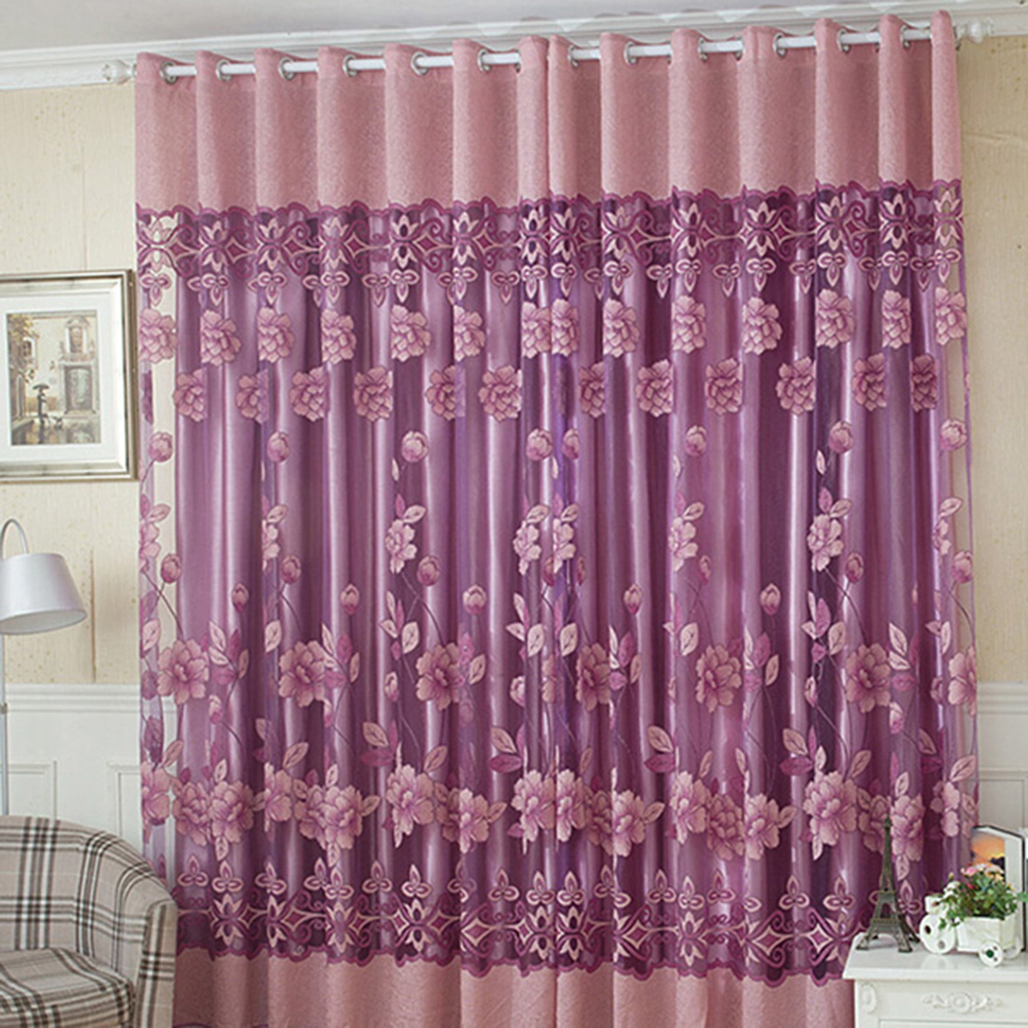 Flower Blackout Window Curtains with Grommet Tulle Lining Valances for ...