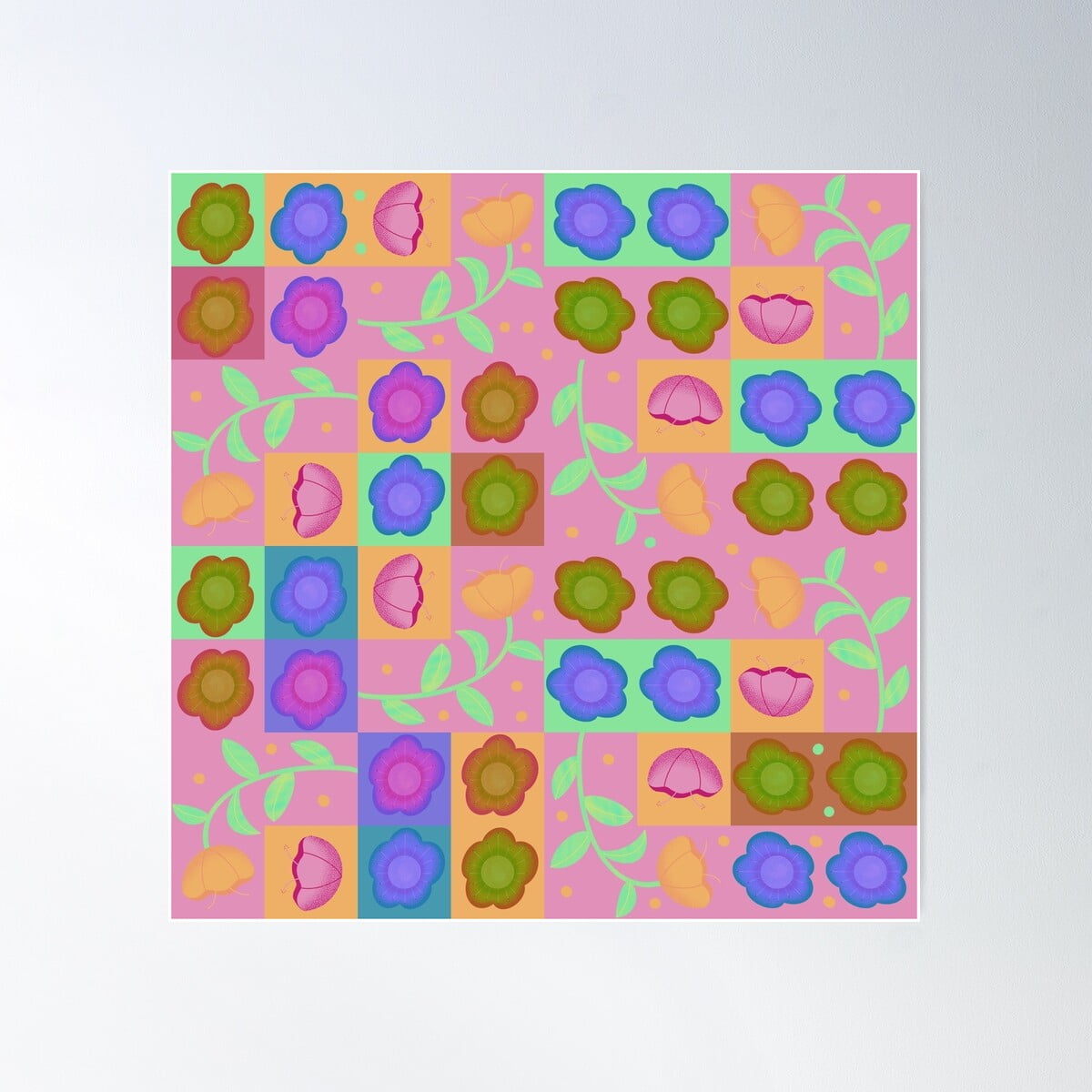 Flower Block Pattern - Vibrant Retro Vibes Poster Wall Art, Modern Wall ...