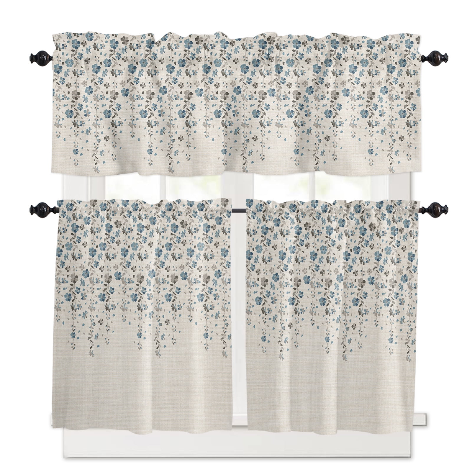 Flower Blue Kitchen Curtains Valances and Tiers Set of 3, 36 Inch ...
