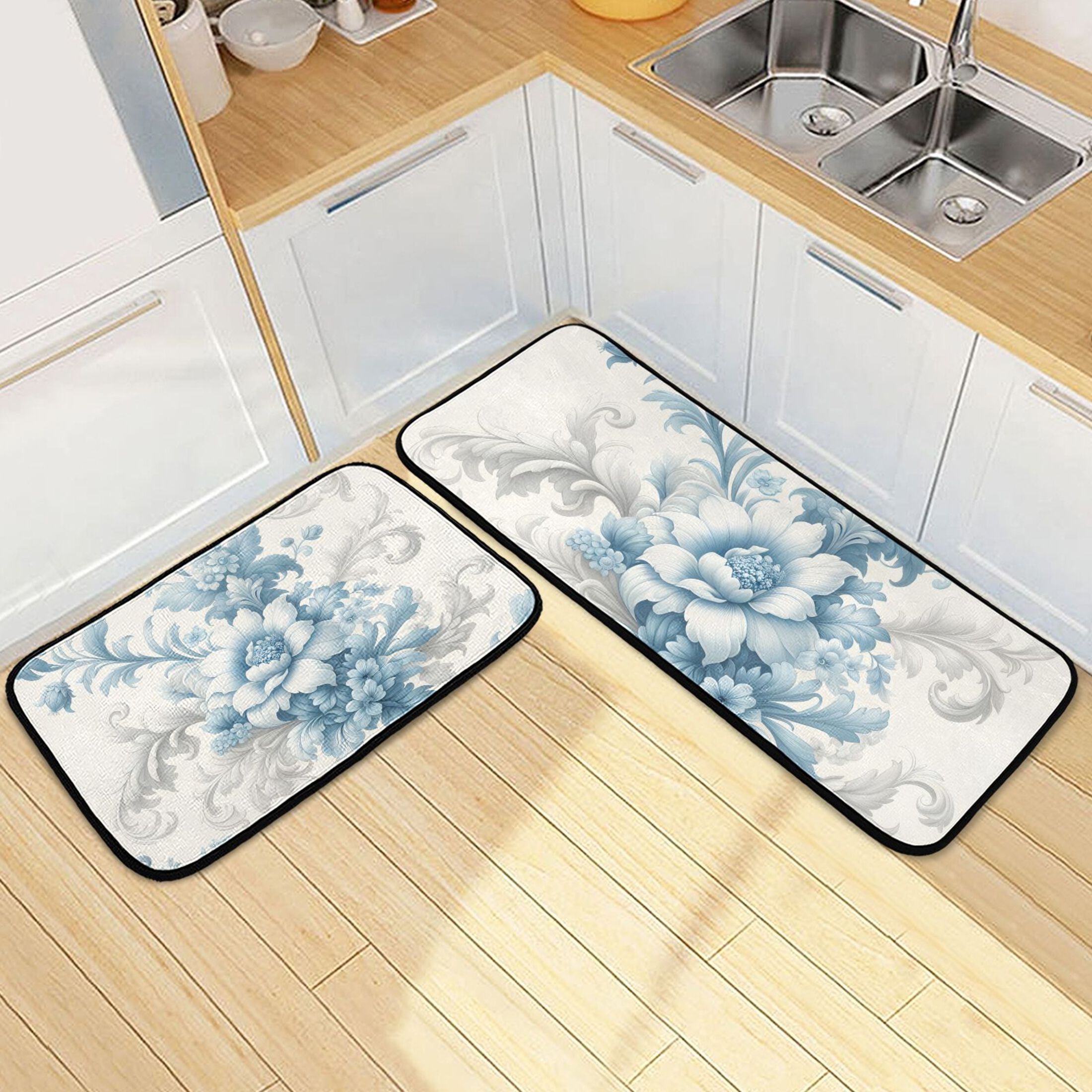 Flower Blue Kitchen Rugs Set of 2 Non Slip Floor Foam Mat Cushioned ...