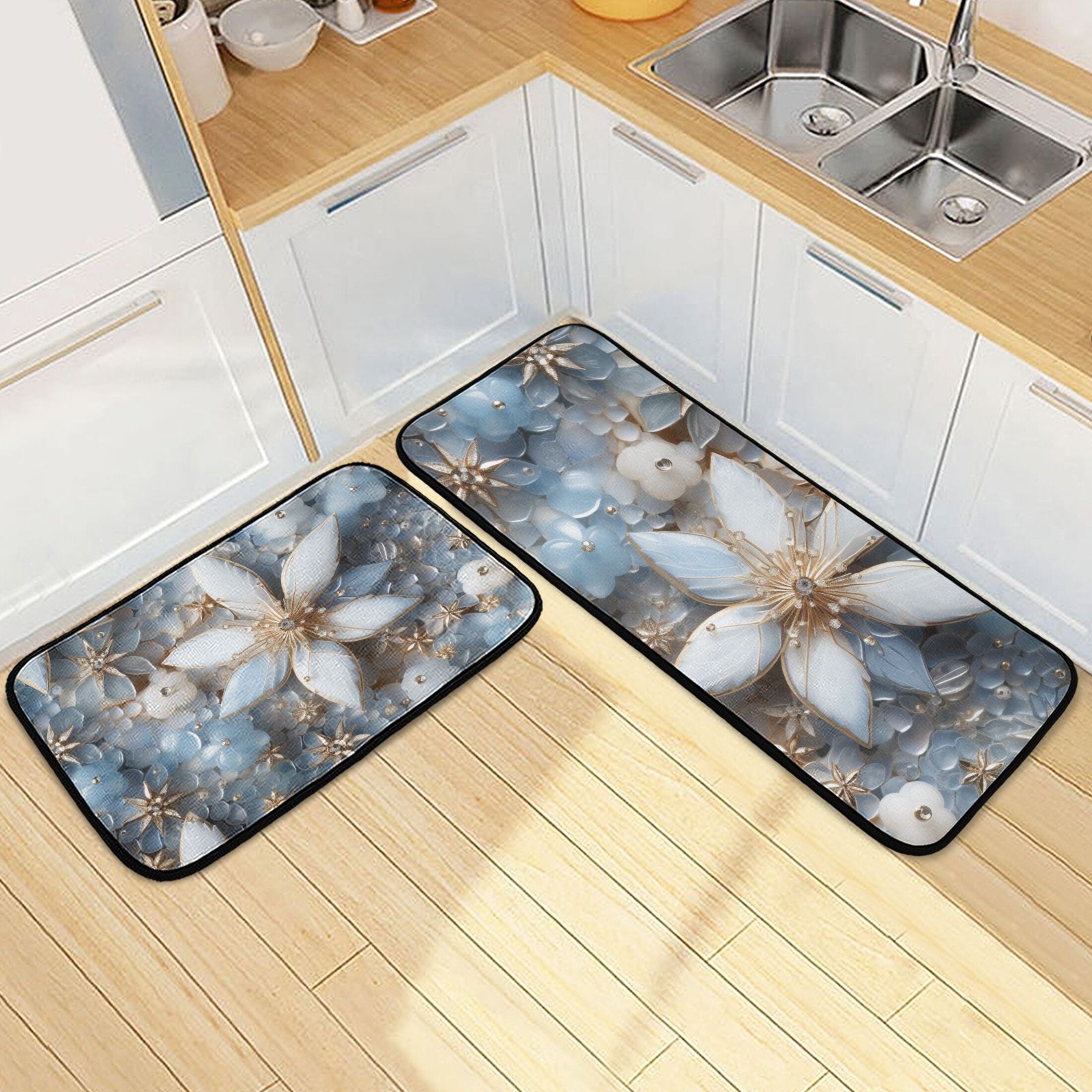 Flower Blue Kitchen Rugs Set of 2 Non Slip Floor Foam Mat Cushioned ...