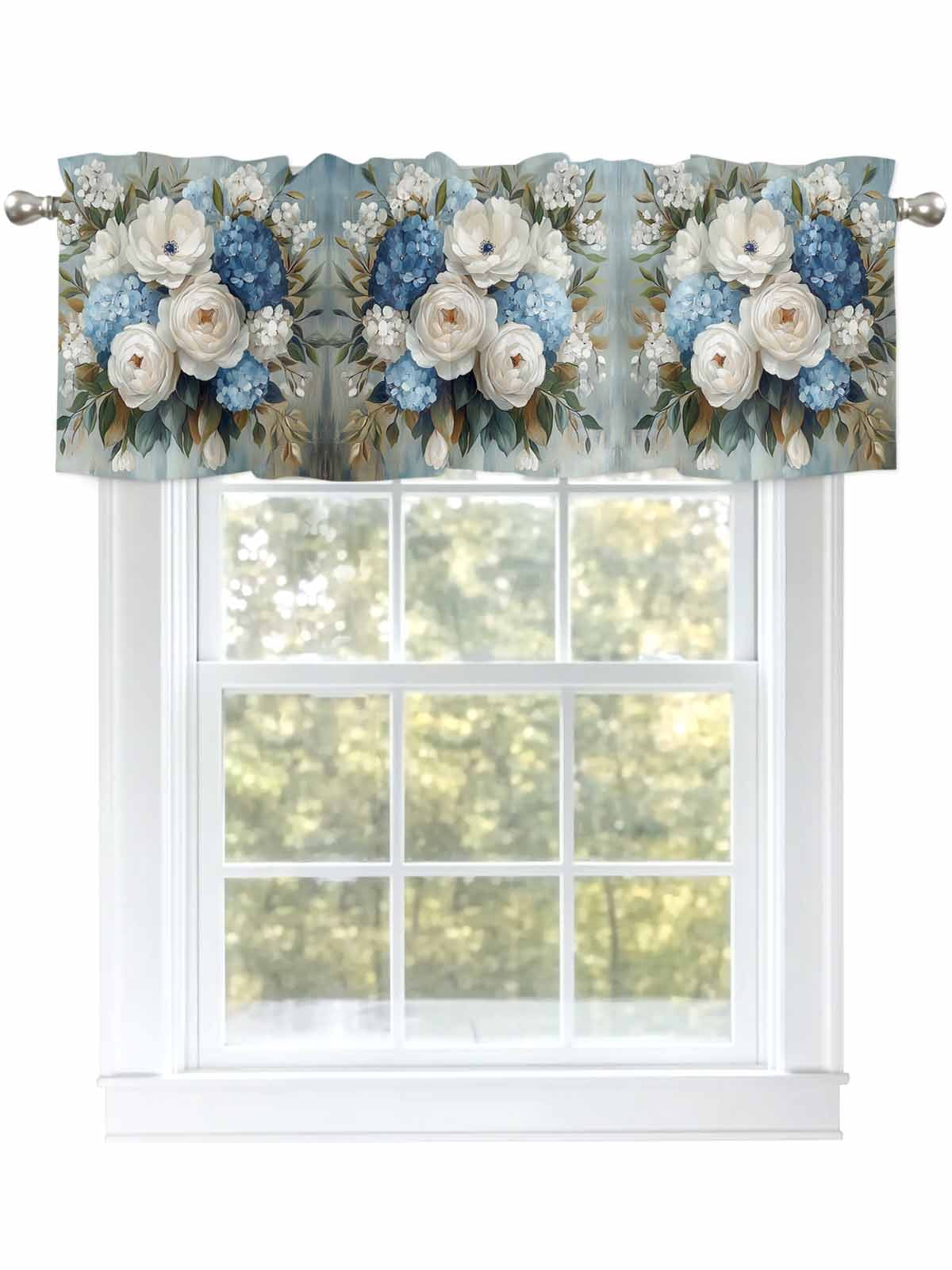 Flower Blue White Valances for Windows, Rod Pocket Kitchen Valance ...