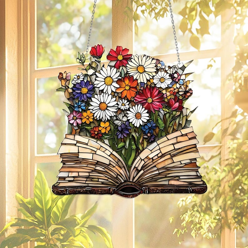 Flower Book Acrylic Window Hanging Floral Library Art Book Lover Gift ...