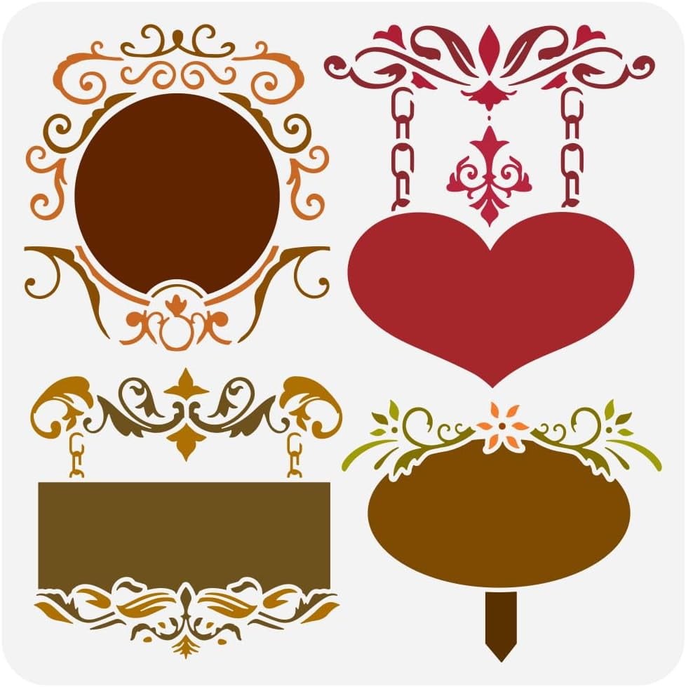 Flower Border Frames Stencils 11.8x11.8 inch Gorgeous Signage Damask Painting Stencil Plastic ...