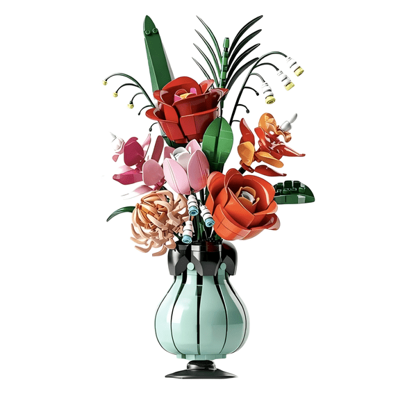 Flower Bouquet Block Set, Elegant Floral Decor Set with Green Vase ...