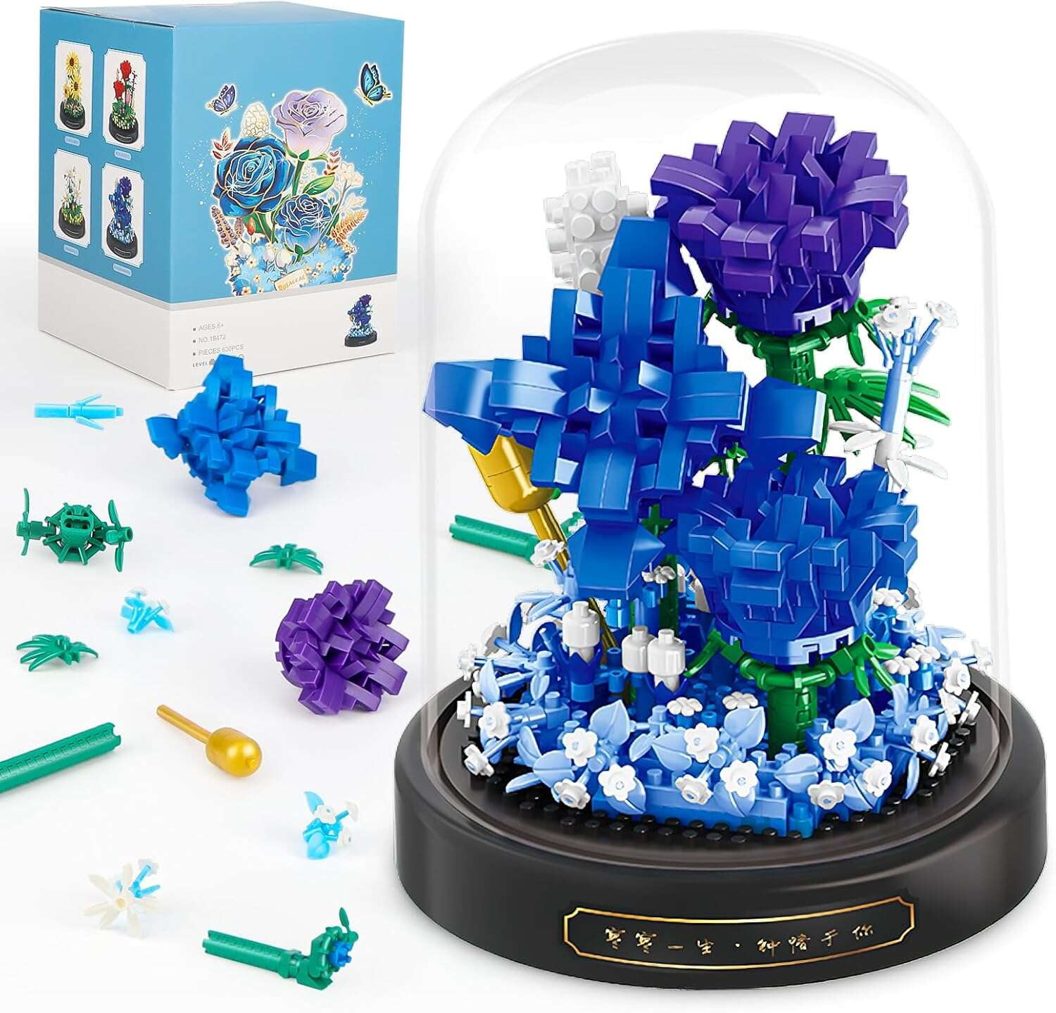 Flower Bouquet Building Set, 630 PCS Blue Rose Mini Building Blocks Kit ...