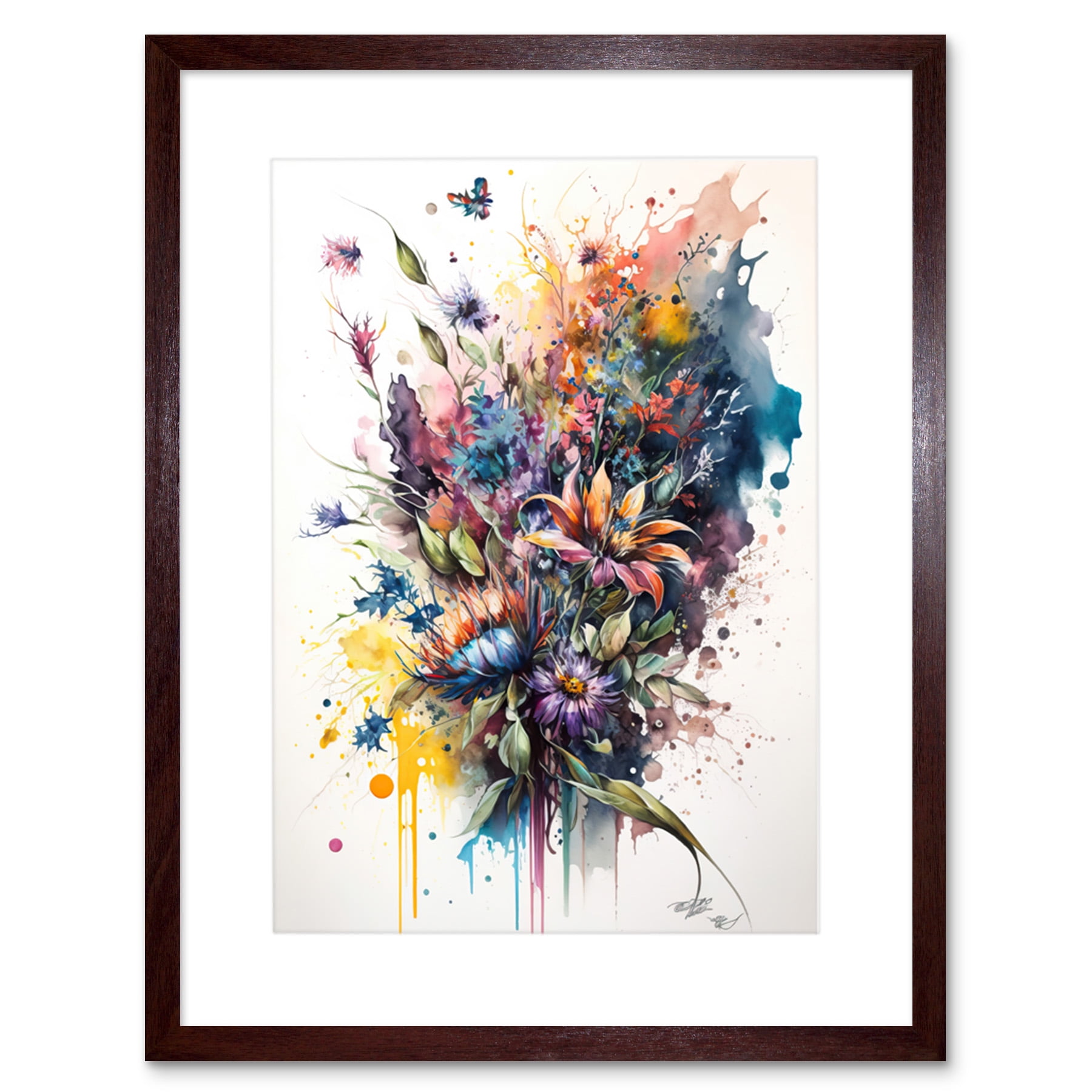 Flower Bouquet Illustration over Watercolour Splat Artwork Framed Wall ...