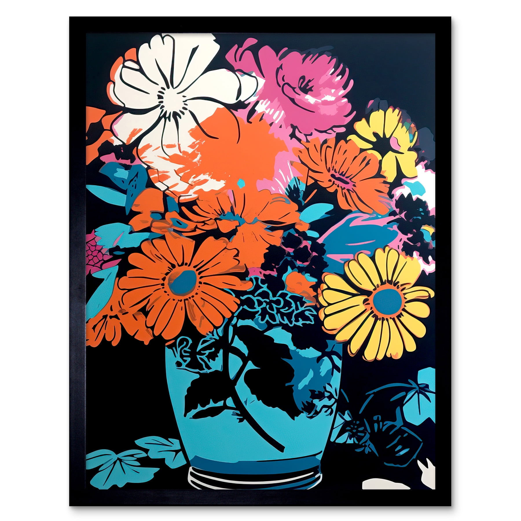 Flower Bouquet in Vase Linocut Orange Yellow Blue Pink Floral Preppy ...