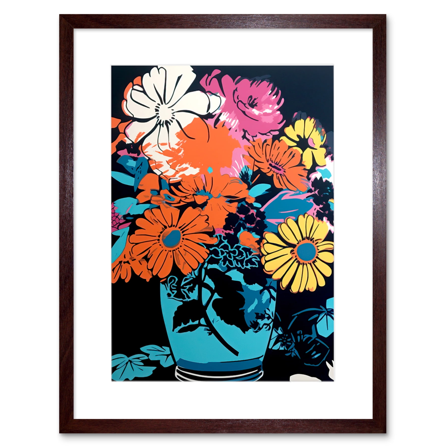 Flower Bouquet in Vase Linocut Orange Yellow Blue Pink Floral Preppy ...