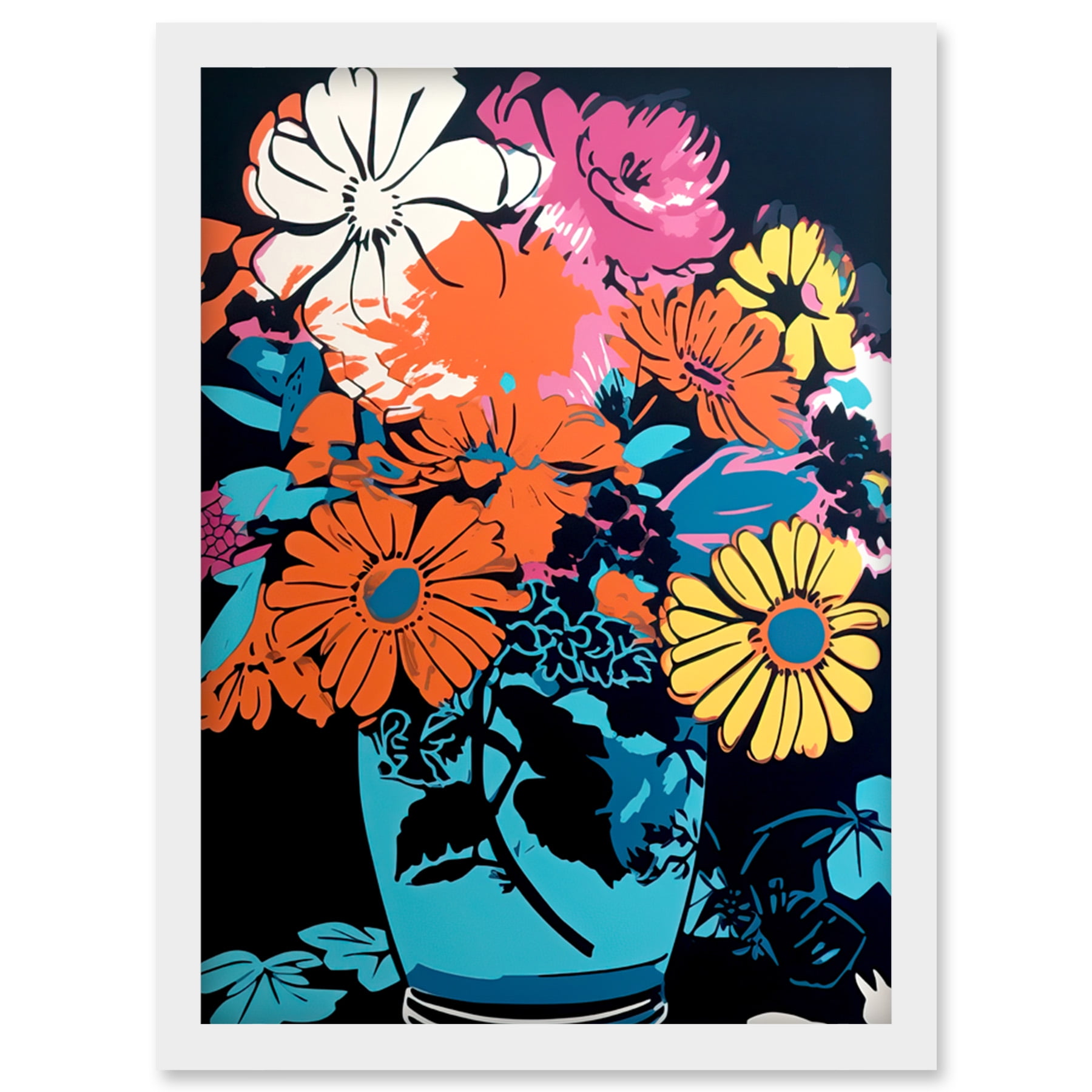 Flower Bouquet in Vase Linocut Orange Yellow Blue Pink Floral Preppy ...