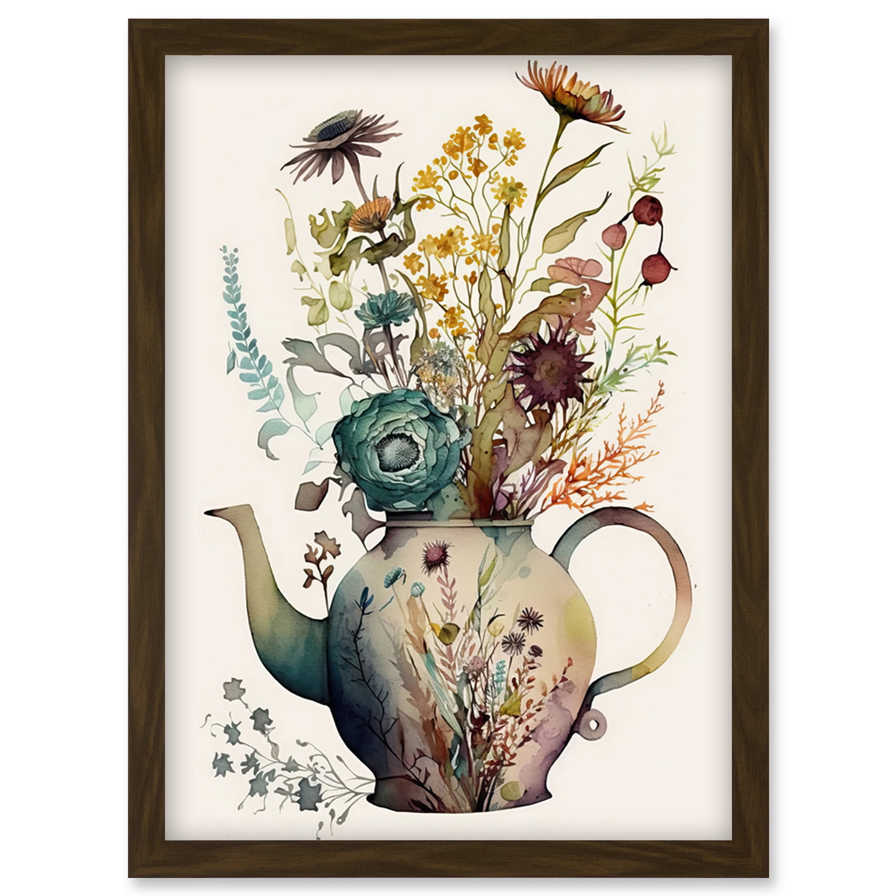 Flower Bouquet in a Floral Pattern Ceramic Teapot Artwork Framed Wall ...