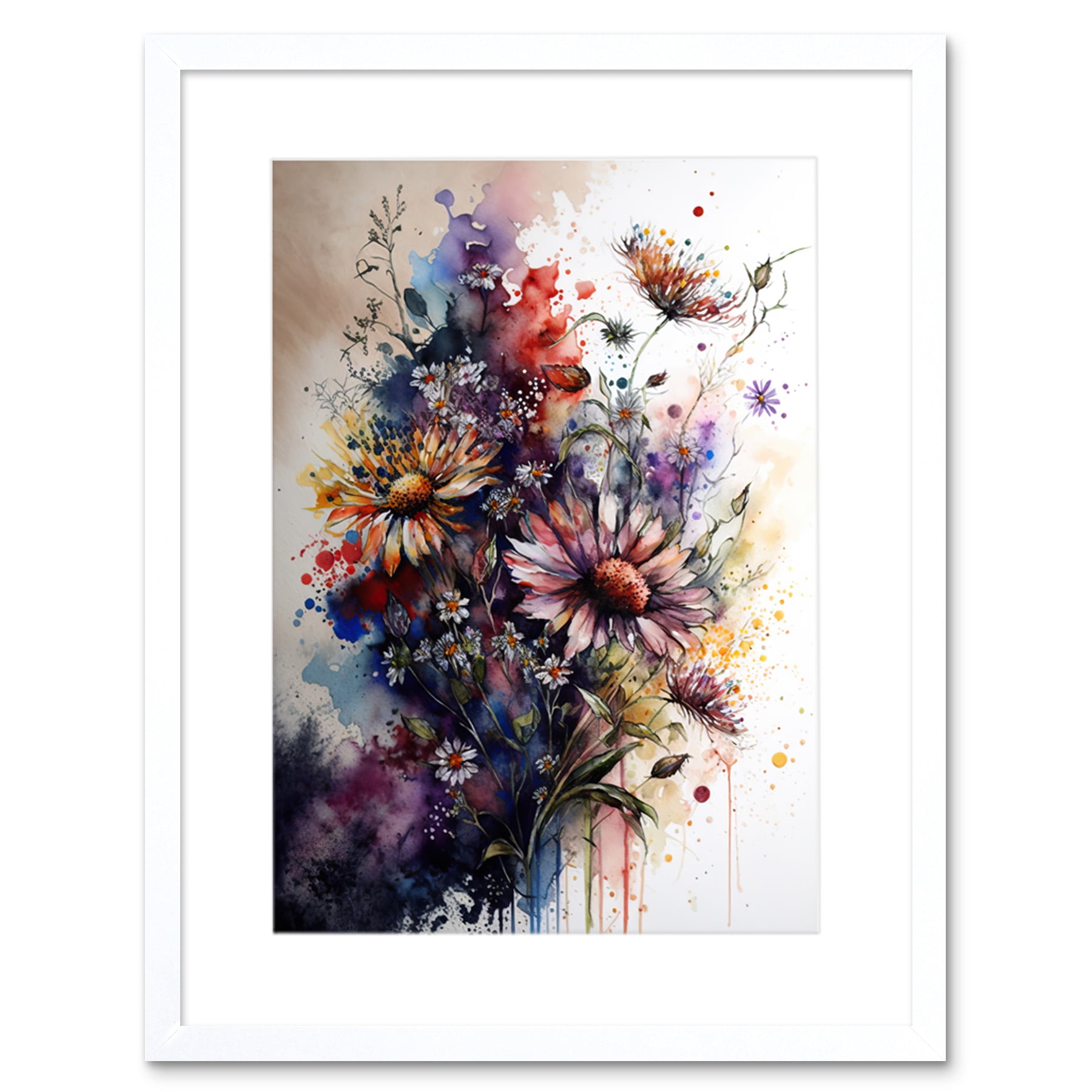 Flower Bouquet over Watercolour Splat Illustration Artwork Framed Wall ...