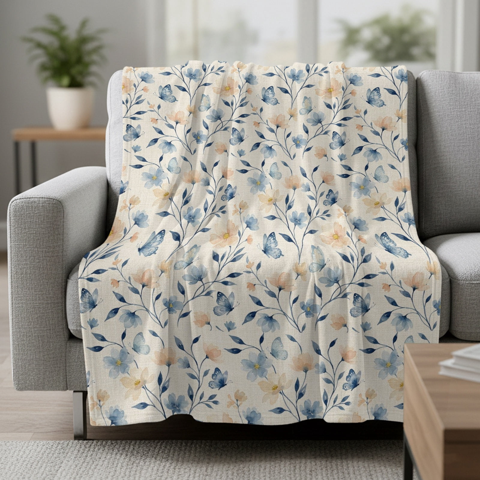Flower Branches Fleece Throw Blanket Vintage Blue Yellow Floral ...
