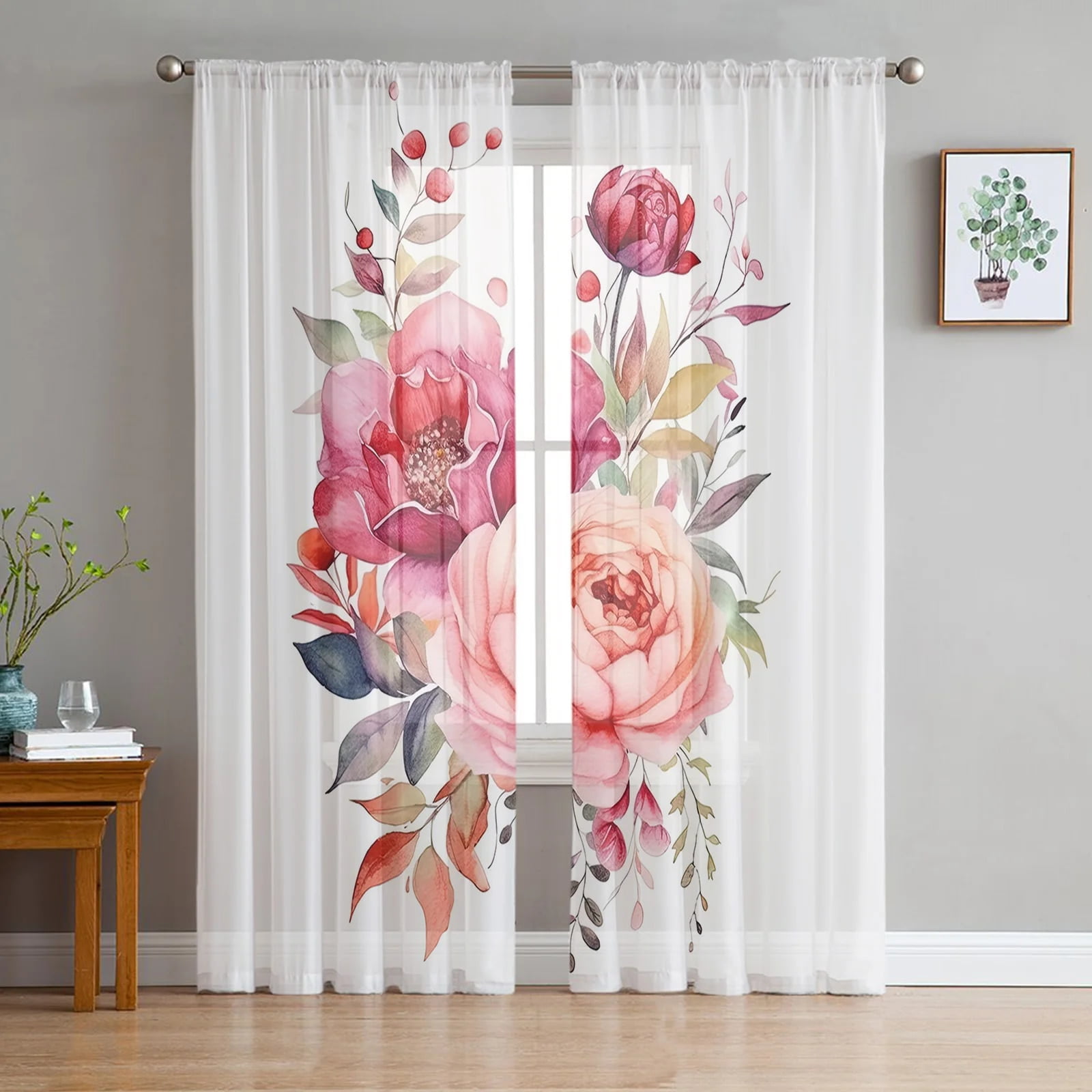 Flower Bud And Leaf Overlay Hotel Tulle Curtains for Living Room ...
