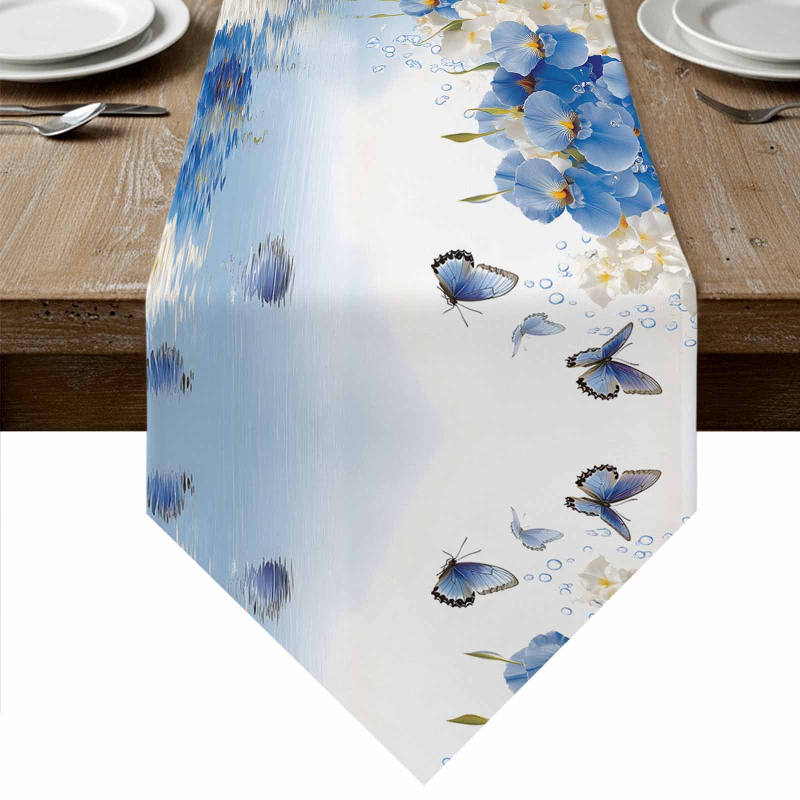 Flower Butterfly Blue Table Runner Linen Burlap Table Runner 48 Inches ...