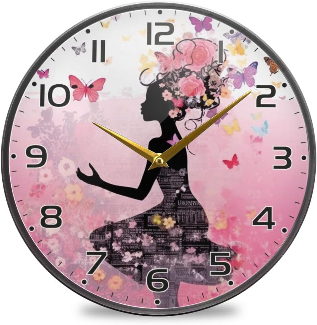 Flower Butterfly Girl Wall Clock Round Silent Non Ticking Battery ...