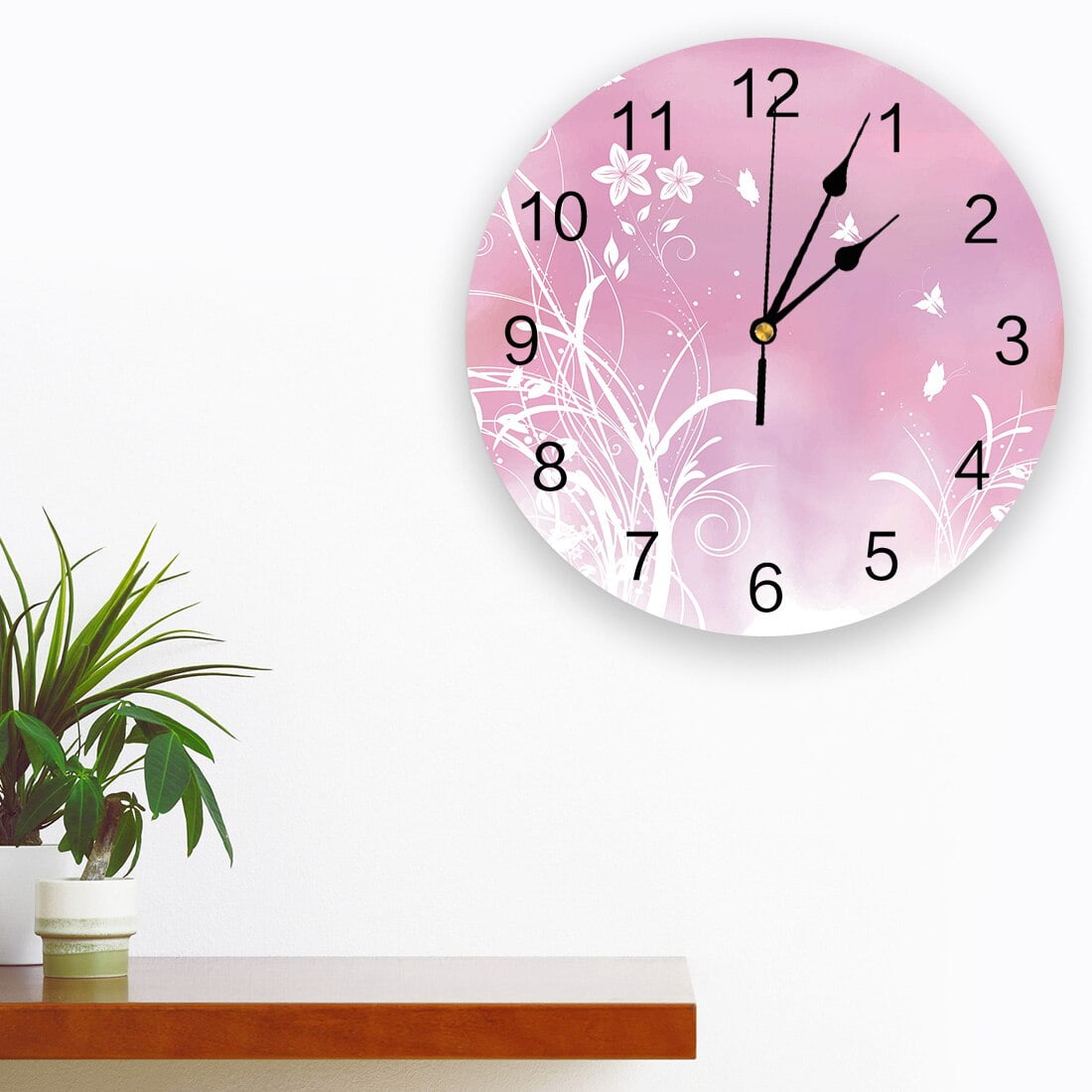 Flower Butterfly Pink PVC Wall Clock Living Room Bedroom Wall Digital ...