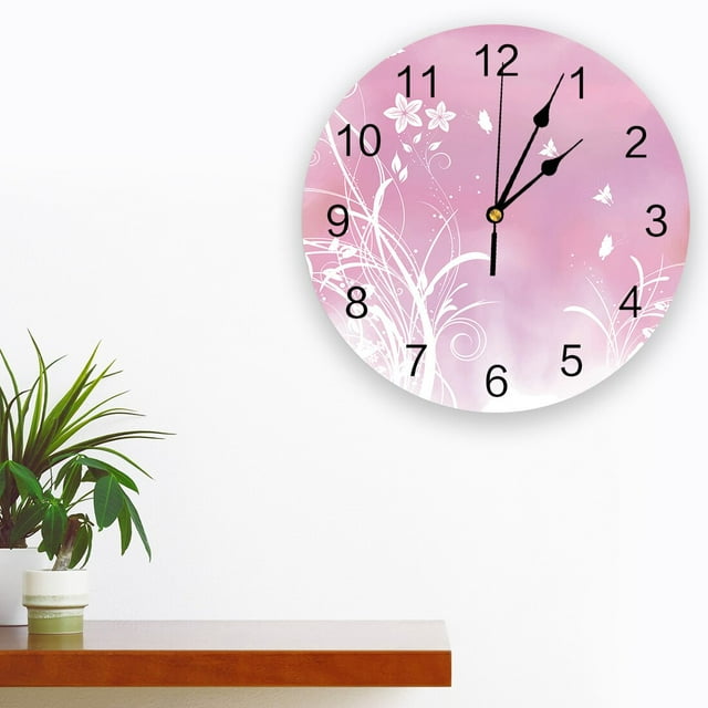 Flower Butterfly Pink PVC Wall Clock Living Room Bedroom Wall Digital ...