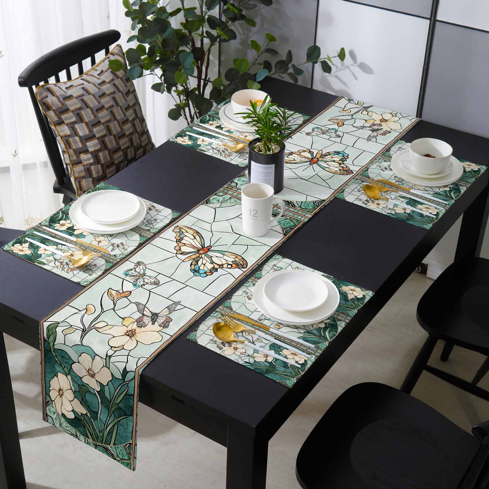Flower Butterfly Placemats Set of 6 with 72 Inches Long Table Runners ...
