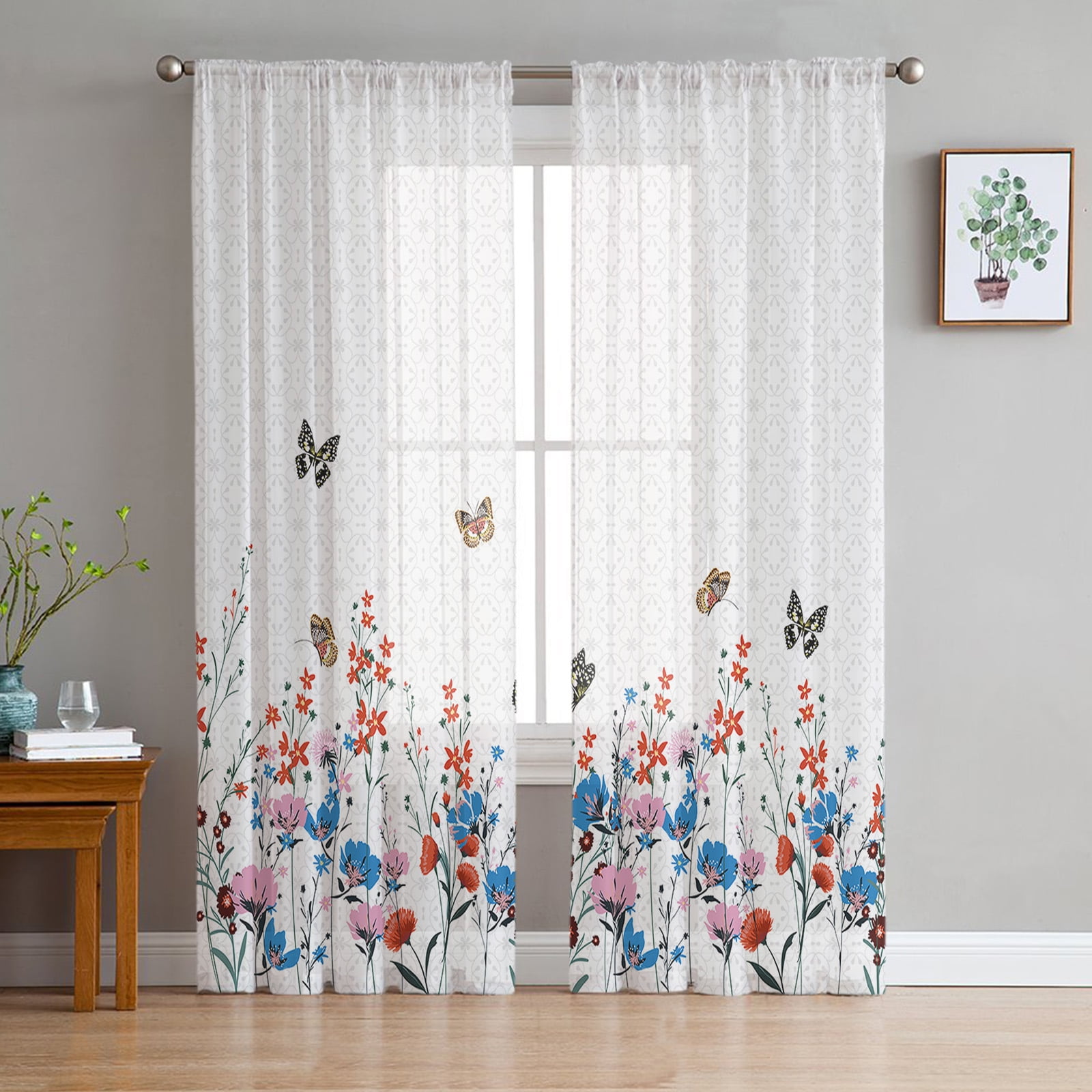 Flower Butterfly Retro Sunflower Orchid Bedroom Transparent Sheer ...