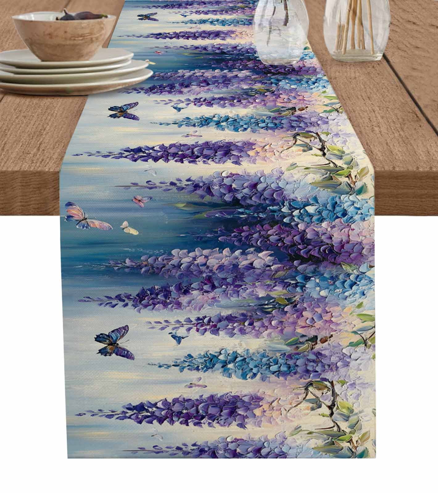 Flower Butterfly Table Runner 72 Inches, Blue Purple Spring Oil ...