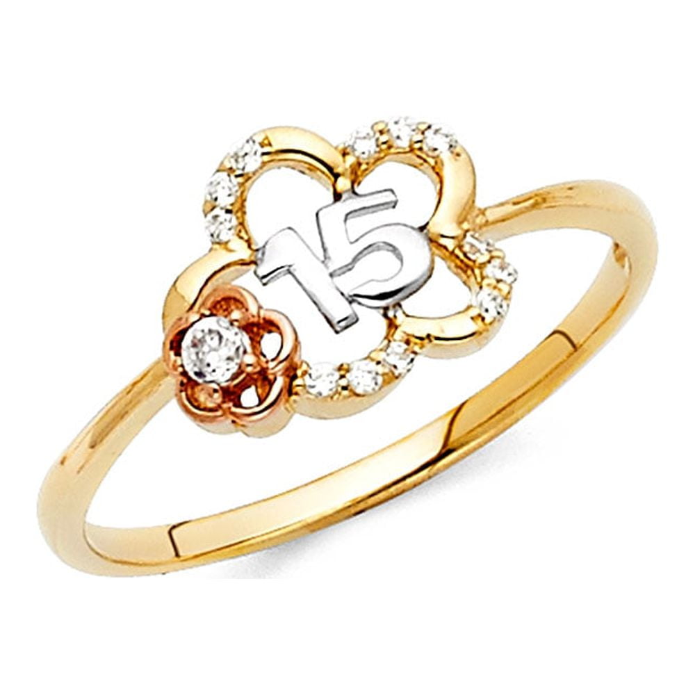 Real Jewelry Flower CZ 15 Years Ring, Solid 14k Rose Yellow Gold ...