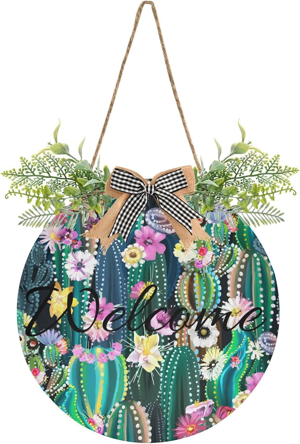 Flower Cactus Welcome Sign for Front Door, Round Sign Hanging Welcome ...