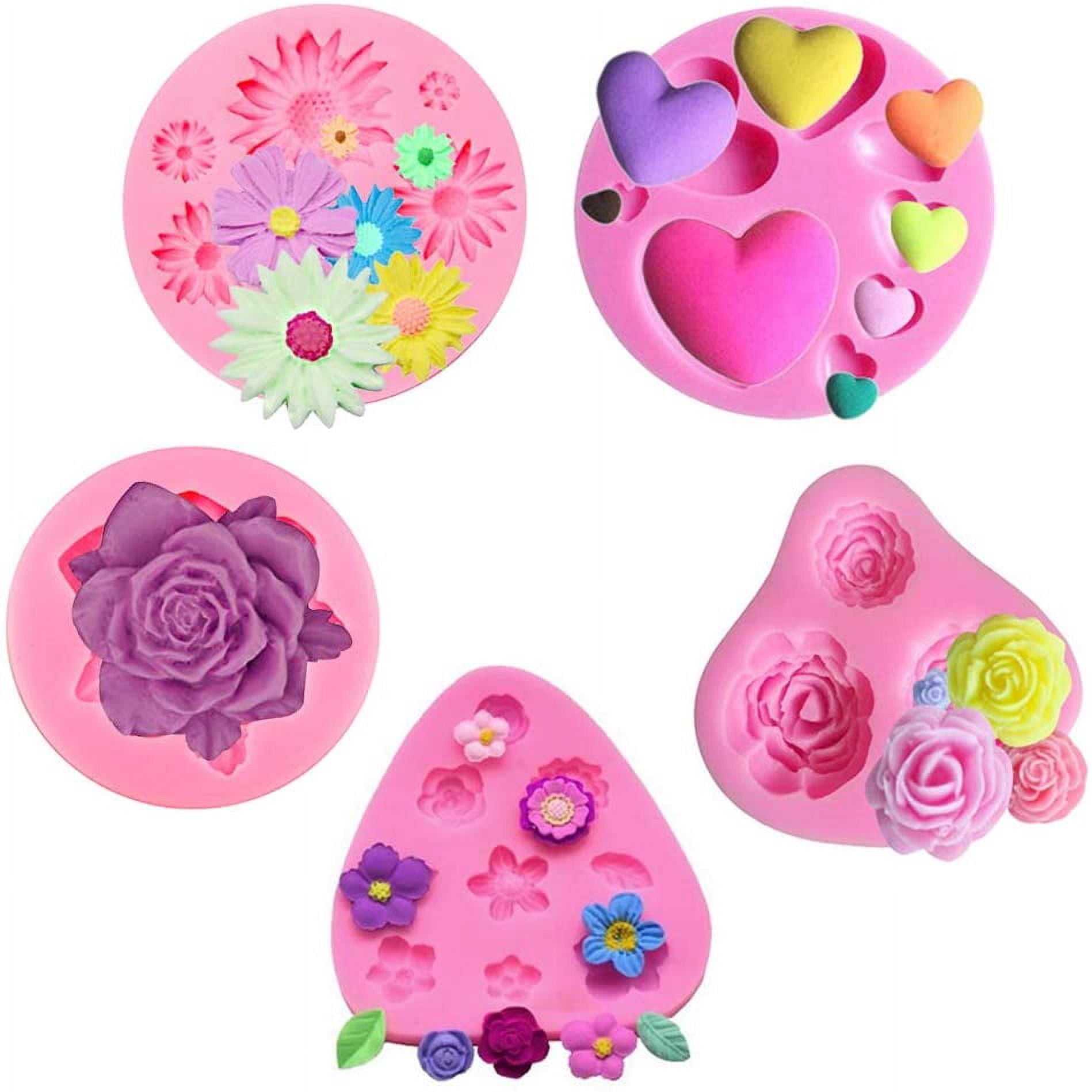 Flower Cake Fondant Molds 5 Pack Rose Flowers Heart Silicone Molds ...