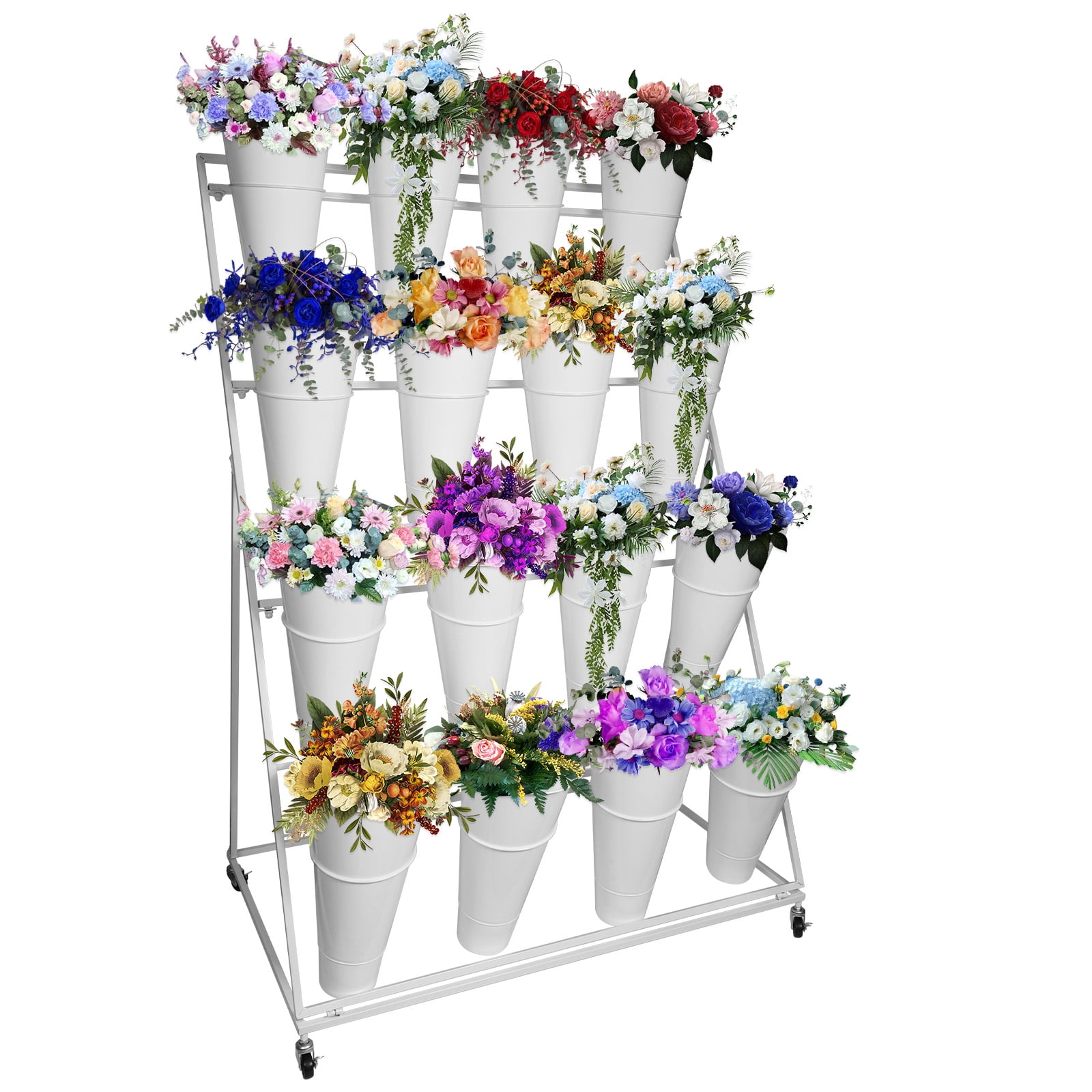 Flower Cart, 15.8" Deep White Round Buckets, Heavy-Duty Metal Frame, 4 ...